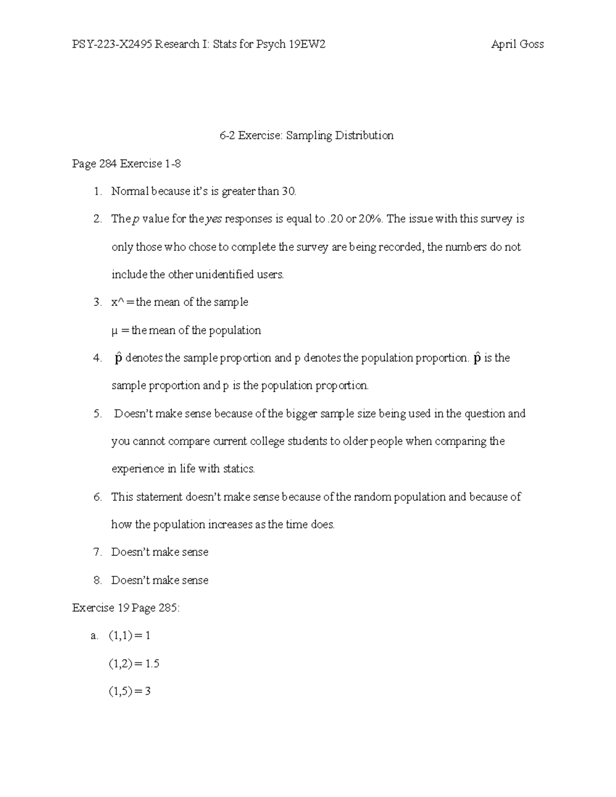 6 2 Exercise Sampling Distribution Psy 223 X2495 Research I Stats