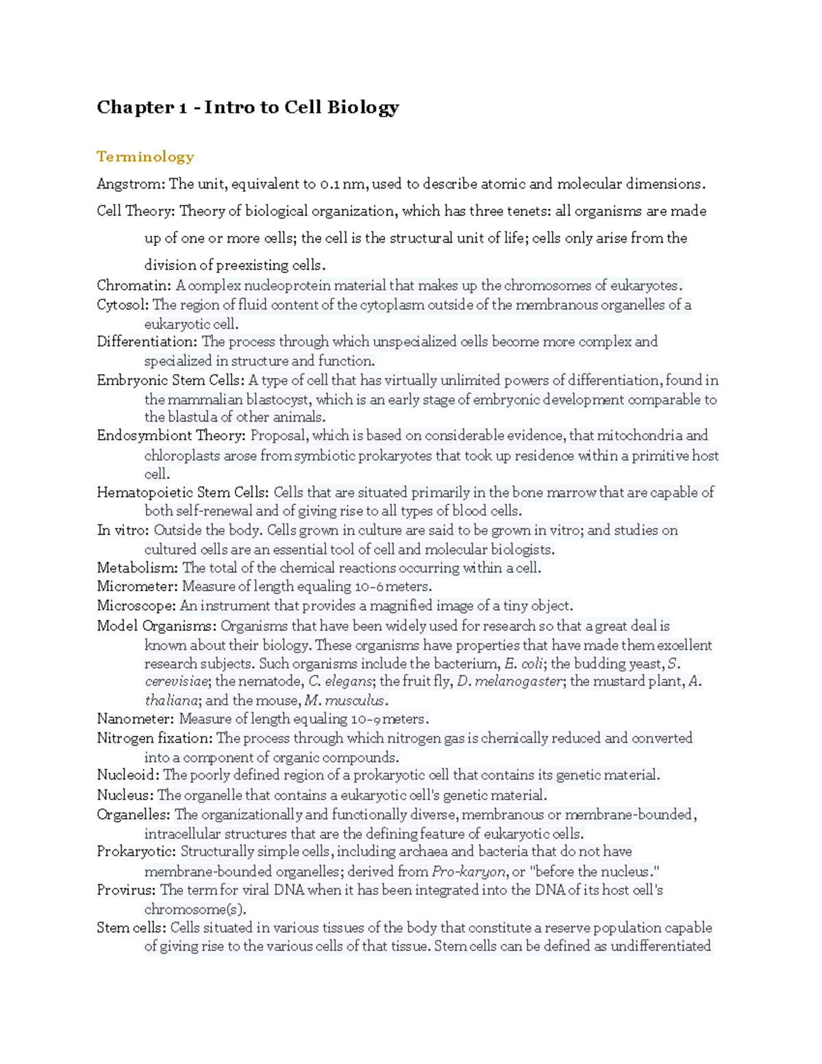 Ch. 1 Terminology - Chapter 1 - Intro to Cell Biology Terminology ...