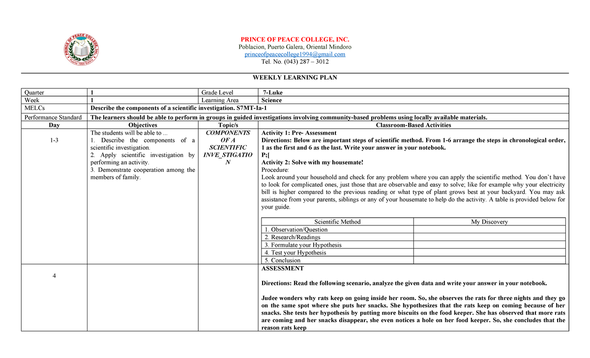 WLP Q1W1 Science 7 - weekly learning plan suitable for one week - PRINCE OF PEACE COLLEGE, INC ...