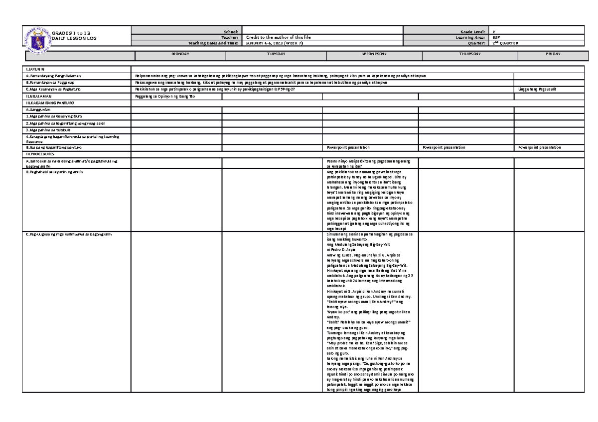 DLL ESP 5 Q2 W7 - fvgfbdfbfdhhrgt - GRADES 1 to 12 DAILY LESSON LOG School: Grade Level: V ...