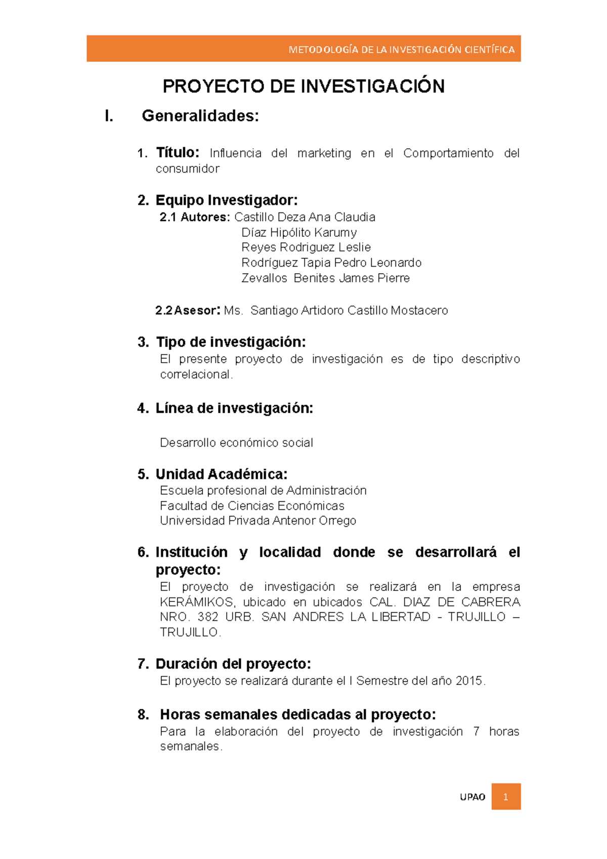 Proyecto DE Investigacion - PROYECTO DE INVESTIGACIÓN I. Generalidades ...