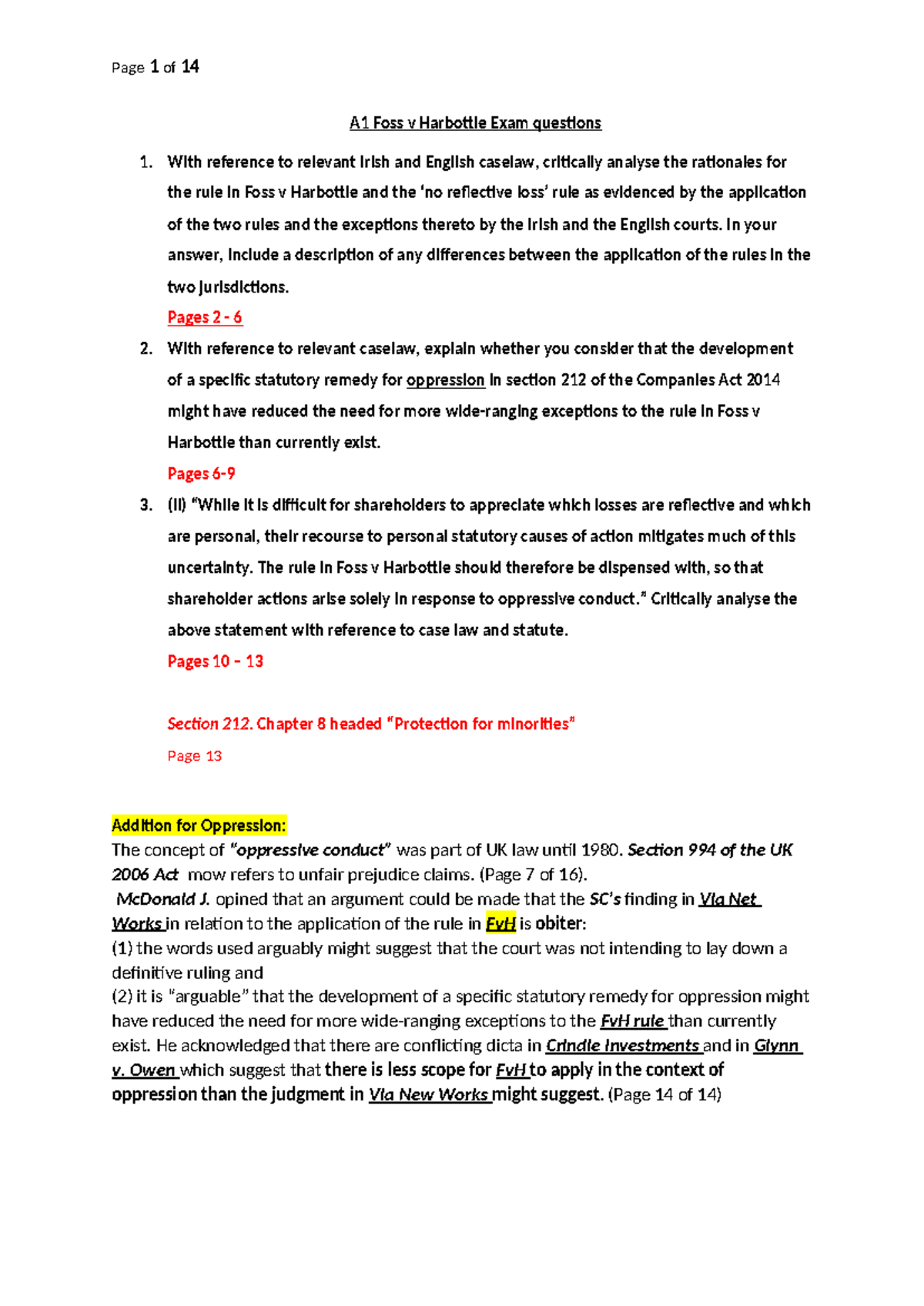 A1 Foss v Harbottle Exam questions - In your answer, include a ...