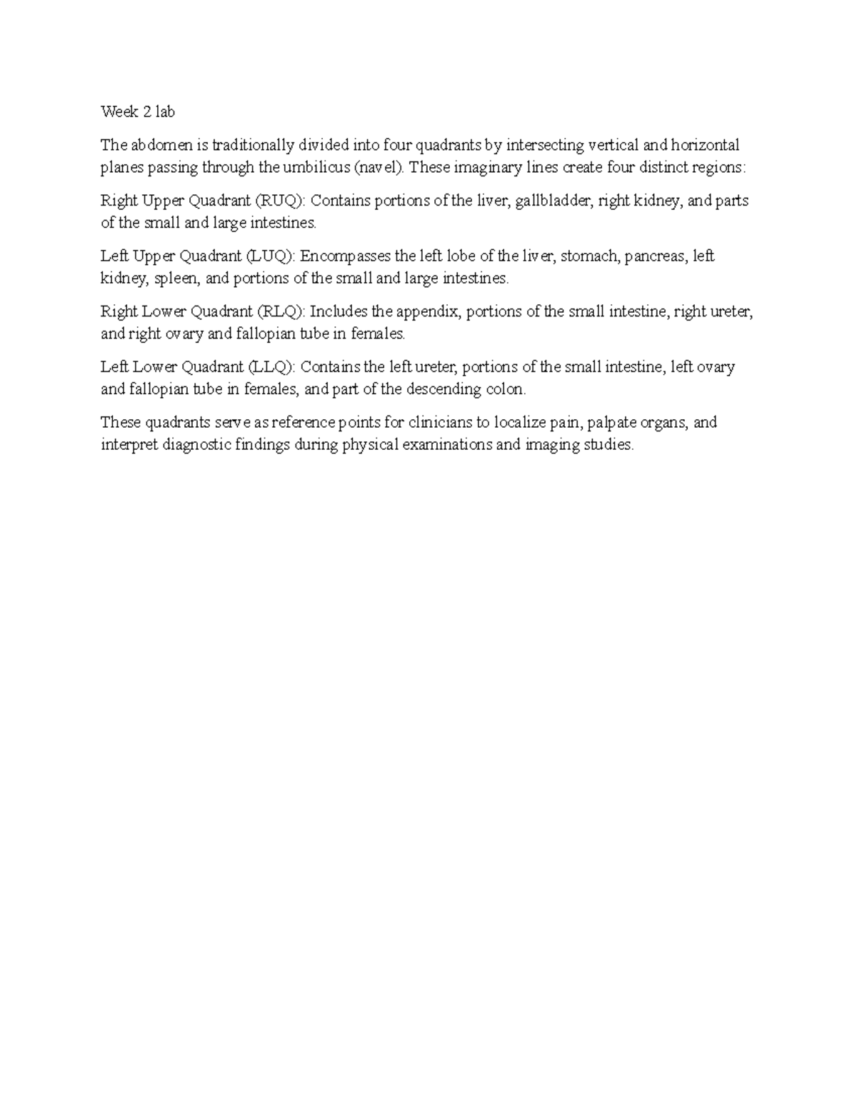 Week 2 lab - notes - Week 2 lab The abdomen is traditionally divided ...