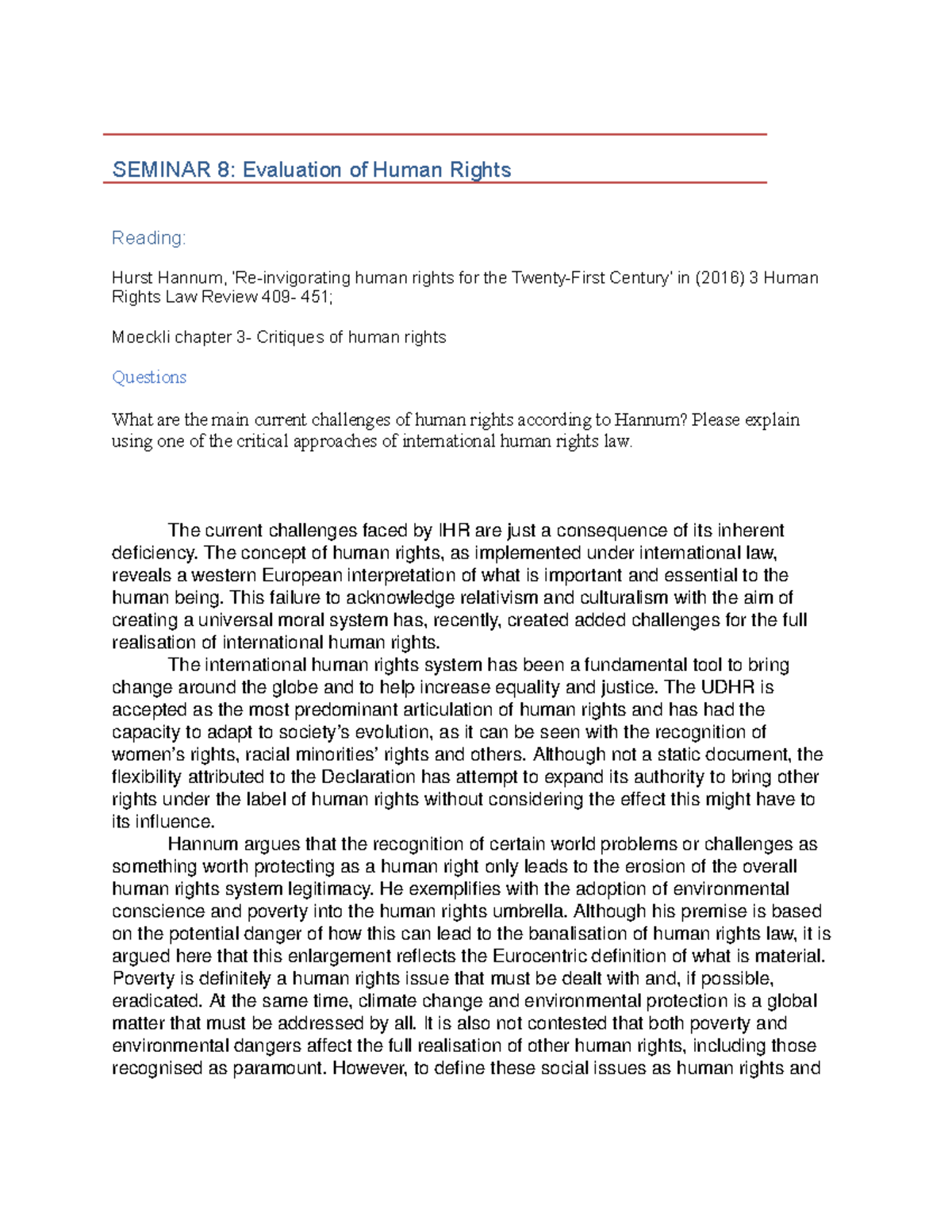 Evaluation OF Human Rights answers - SEMINAR 8: Evaluation of Human ...