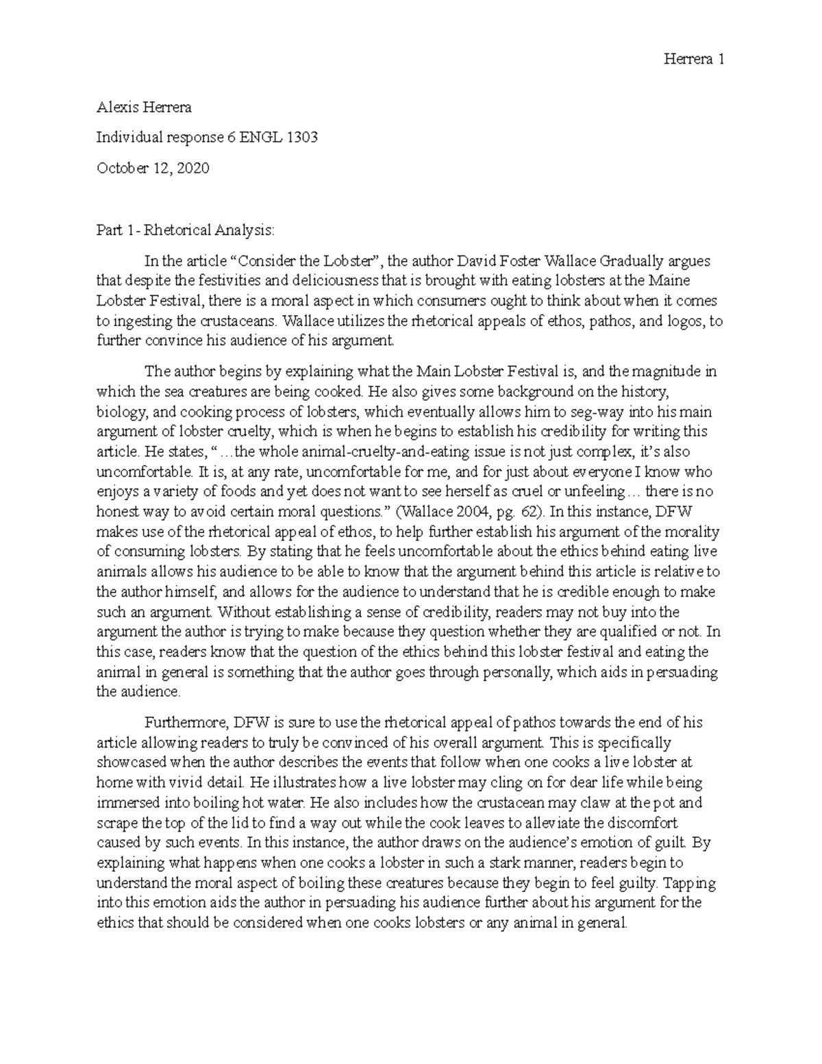 IR 6 - Individual Response assignment - Herrera 1 Alexis Herrera Individual response 6 ENGL 1303 ...