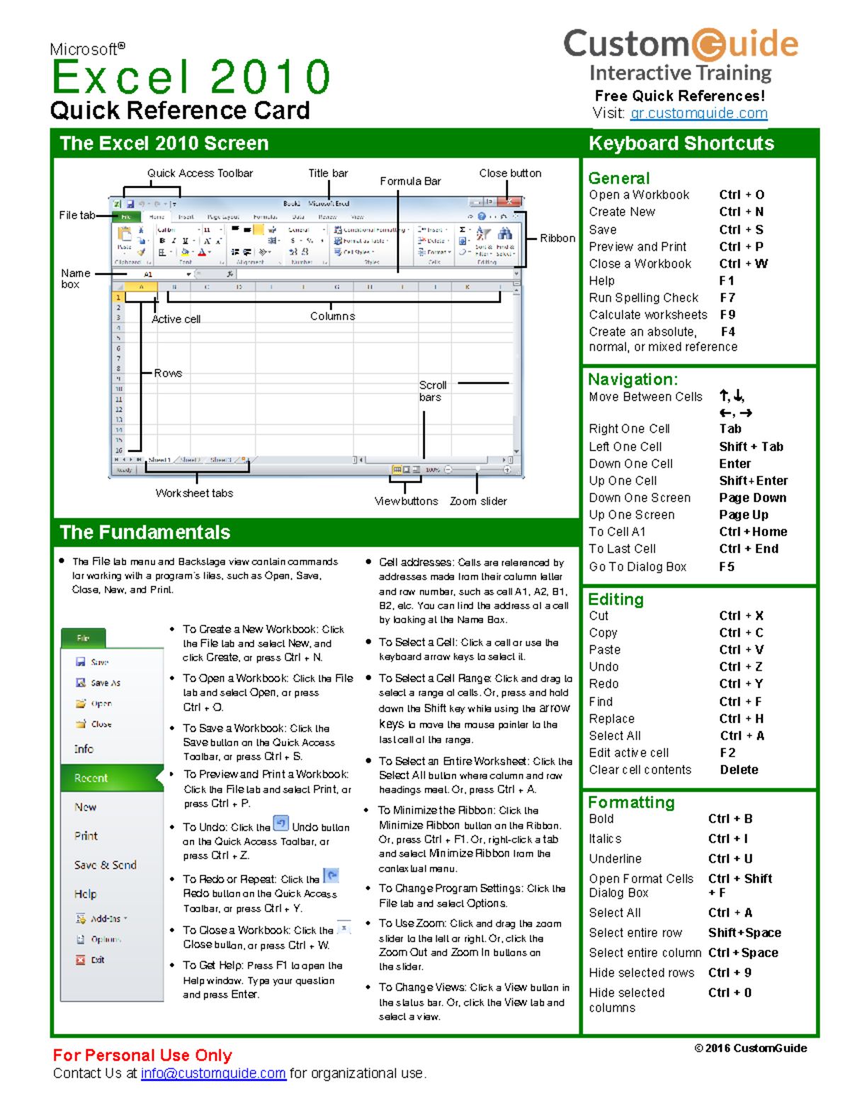 Excel 2010 quick reference - Microsoft ® Ex c e l 2 0 1 0 Quick Reference Card The Excel 2010 ...