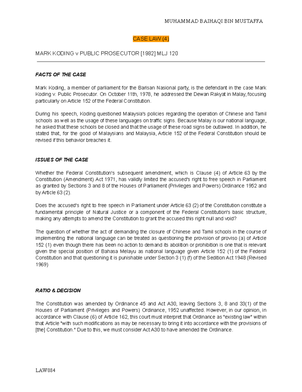 CASE LAW Mark Koding - MUHAMMAD BAIHAQI BIN MUSTAFFA CASE LAW (4) MARK ...