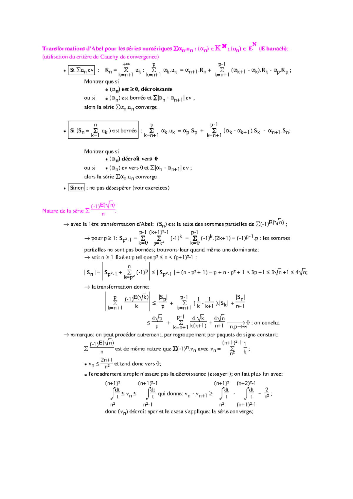 Agrégation : Transformations d'Abel séries - Transformations d'Abel ...