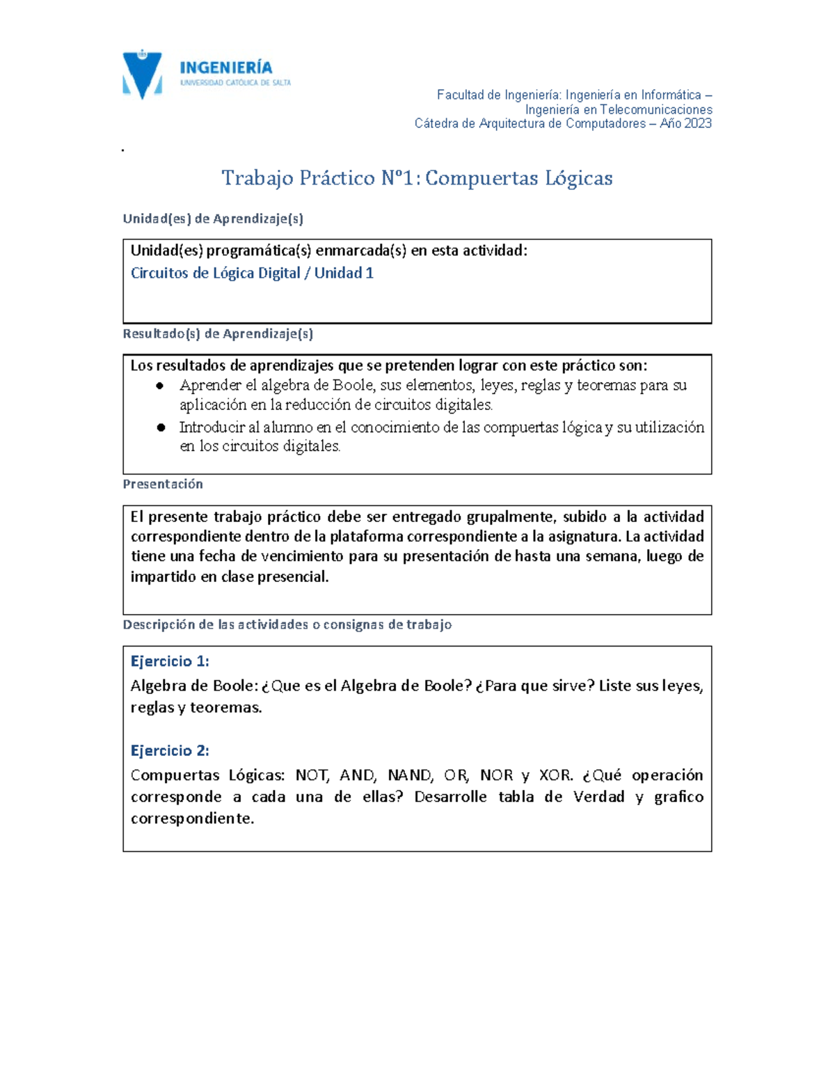 TP1-Compuertas Logicas - Facultad de Ingeniería: Ingeniería en Informática – Ingeniería en - Studocu
