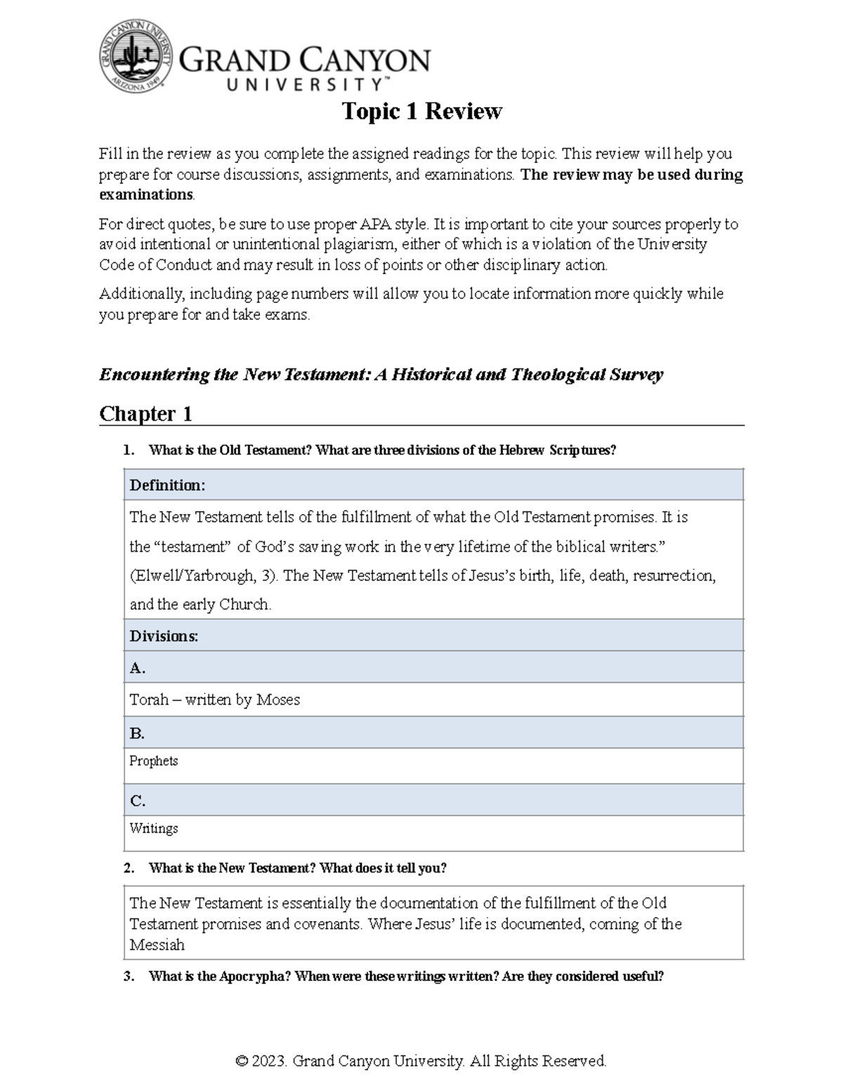 BIB 107 RS T1Review - Topic 1 review - Topic 1 Review Fill in the ...