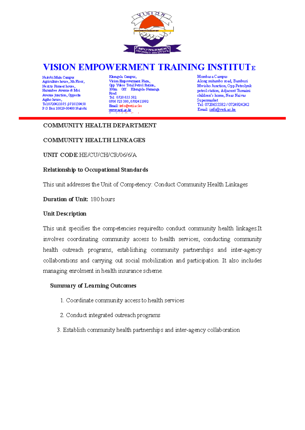 Community health linkages course outline - VISION EMPOWERMENT TRAINING ...