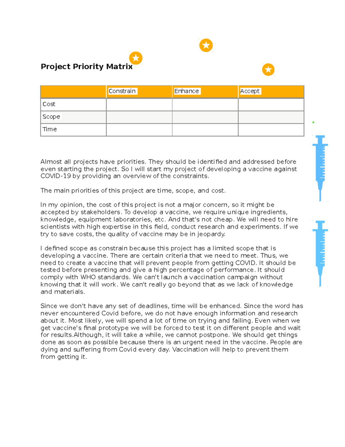 Indvidual assignment #1 - Project Priority Matrix Constrain Enhance ...