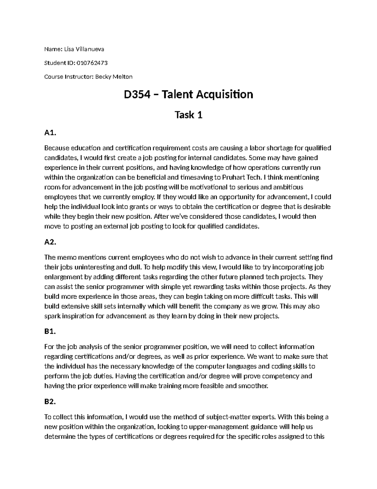 D354 Task 1 - Task 1 assignment for Talent Acquisition. - Name: Lisa ...