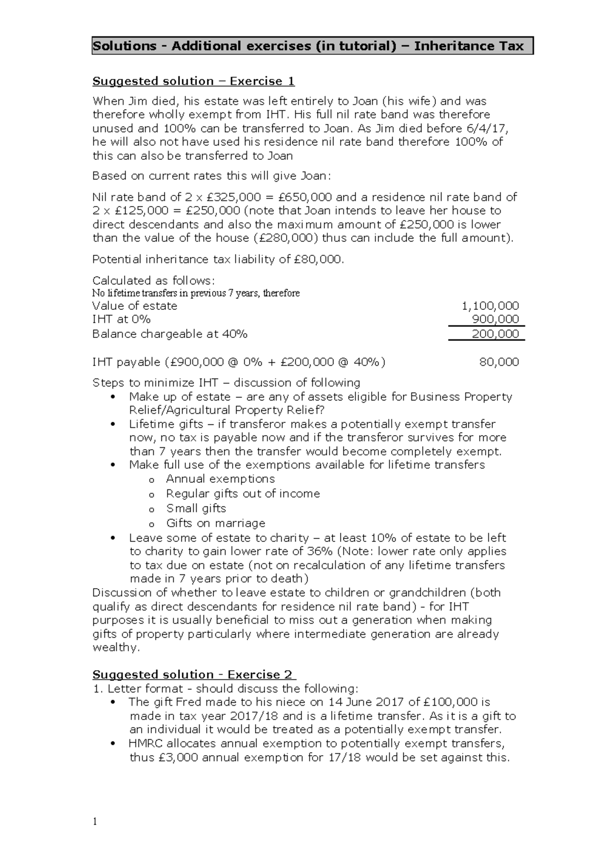Inheritance tax. Solution - Additional exercise (in tutorial ...
