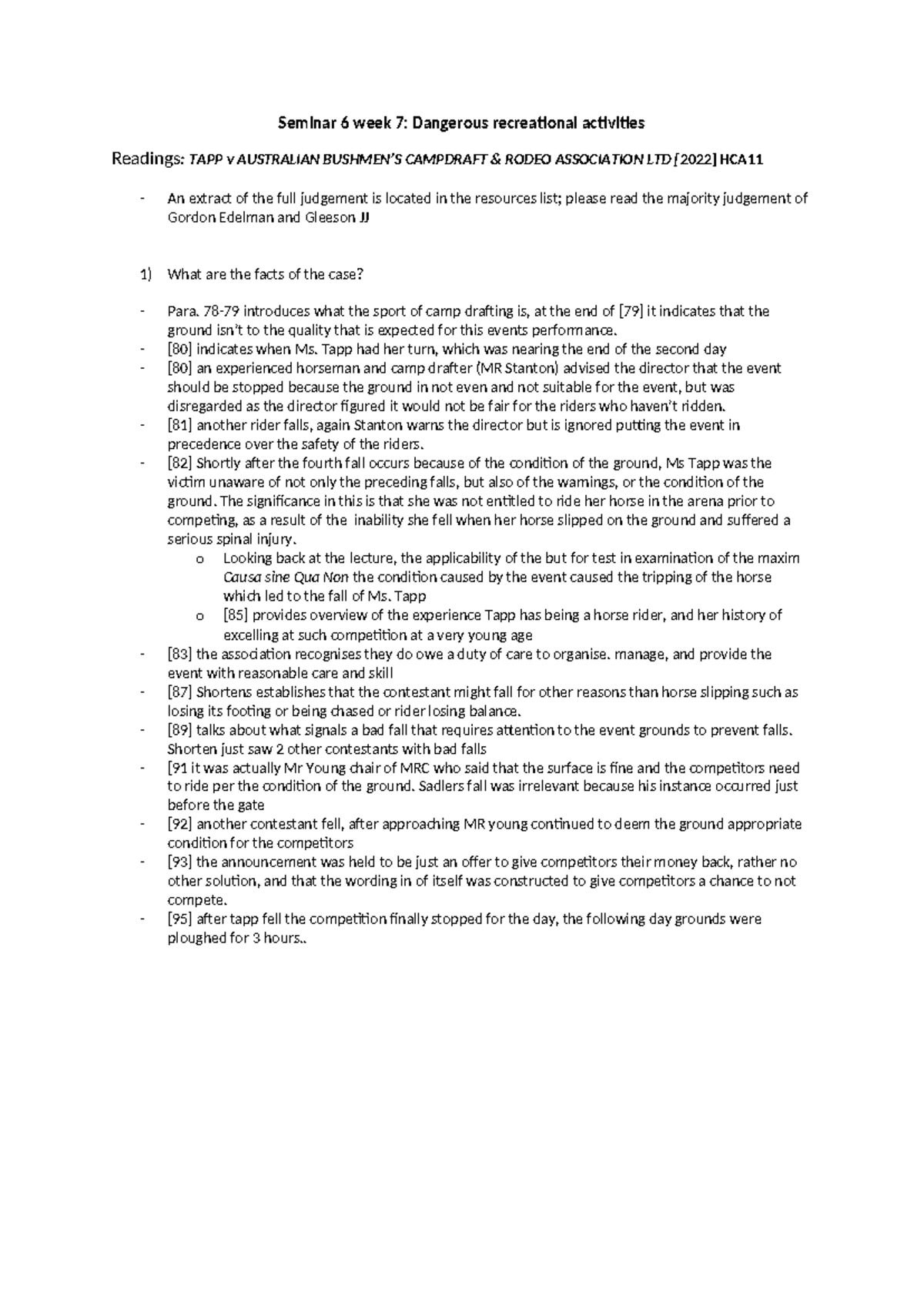 Seminar 6 Week 7 - Week 7 tutorial - Seminar 6 week 7: Dangerous recreational activities ...