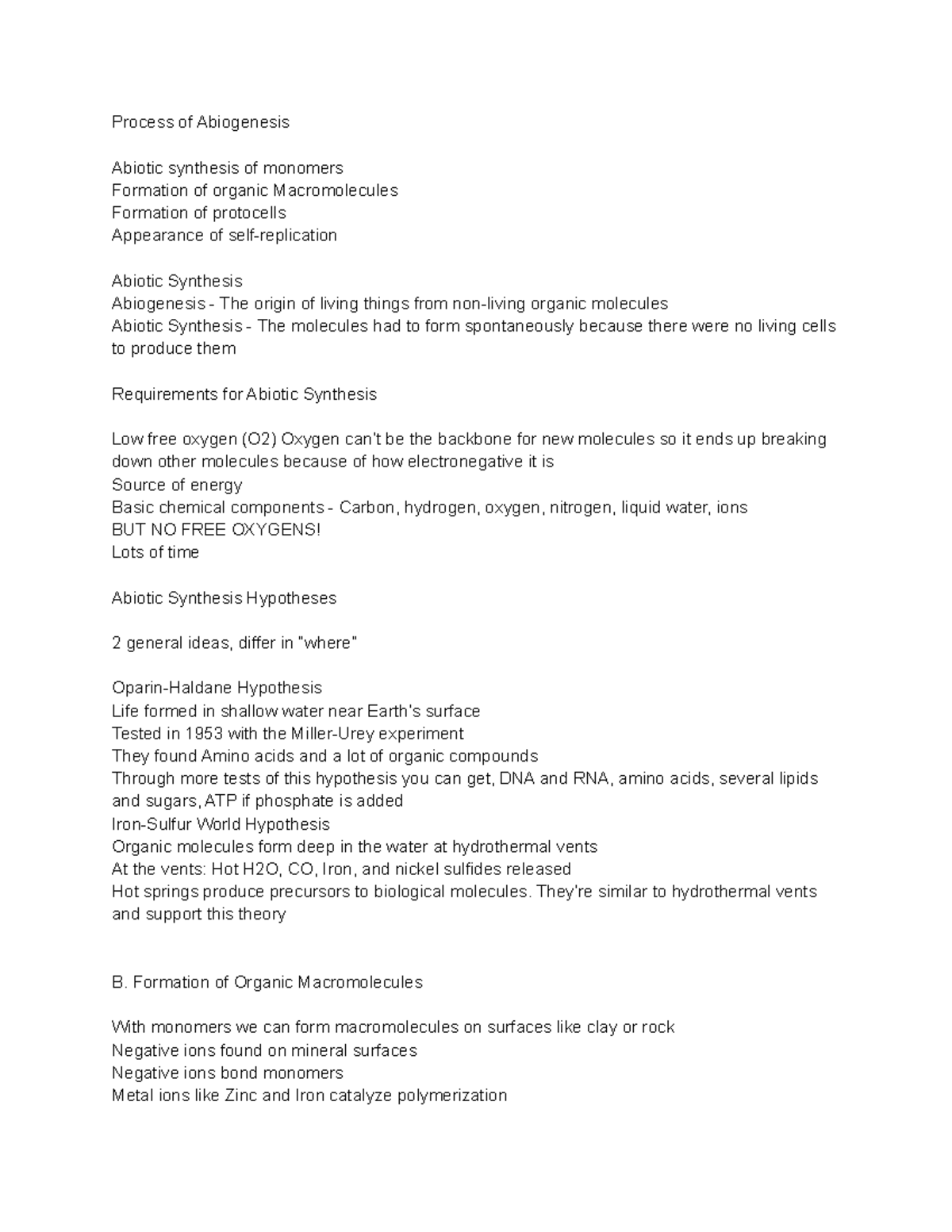 General chemistry notes 1 - Process of Abiogenesis Abiotic synthesis of ...
