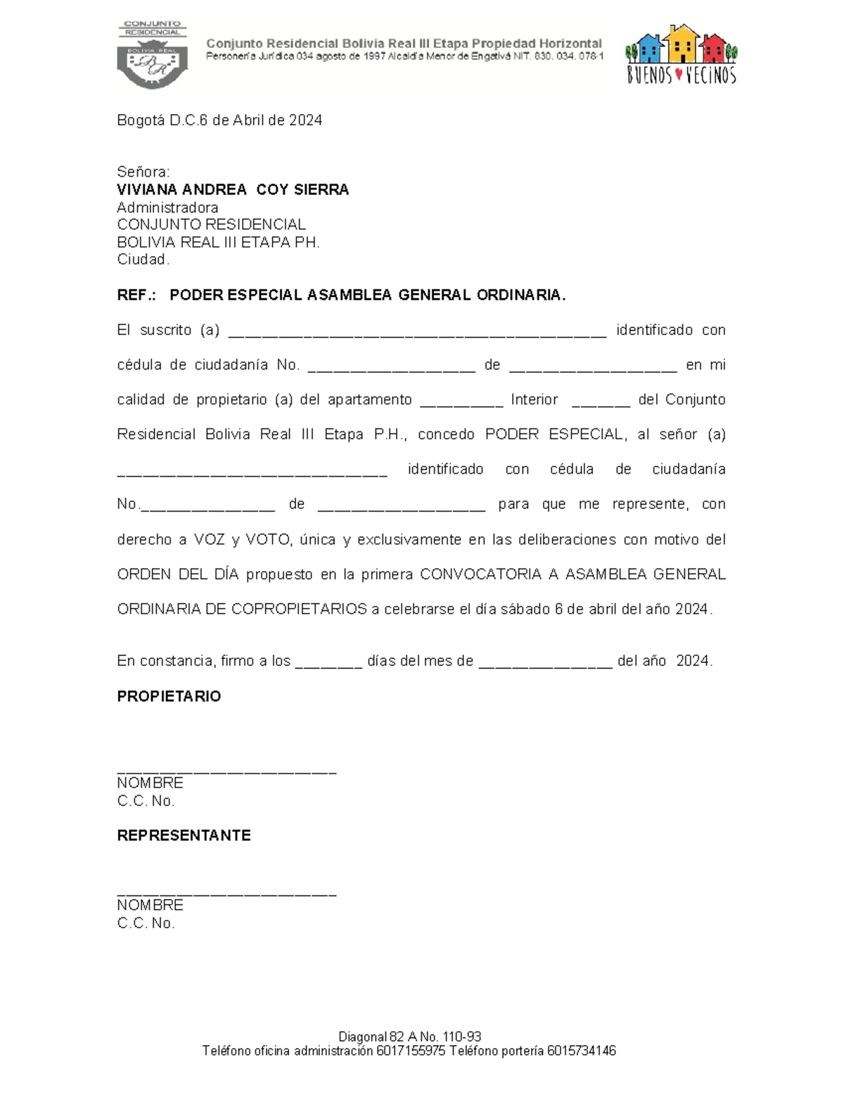 Poder Asamblea General Abril 6 2024 Bolivia - Bogotá D.C de Abril de ...