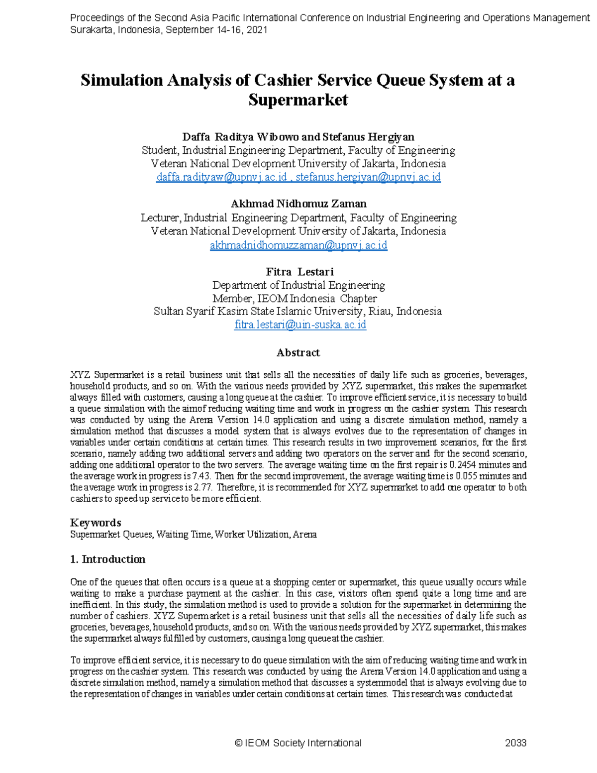 Arena - Simulation Analysis of Cashier Service Queue System at a Supermarket Daffa Raditya ...