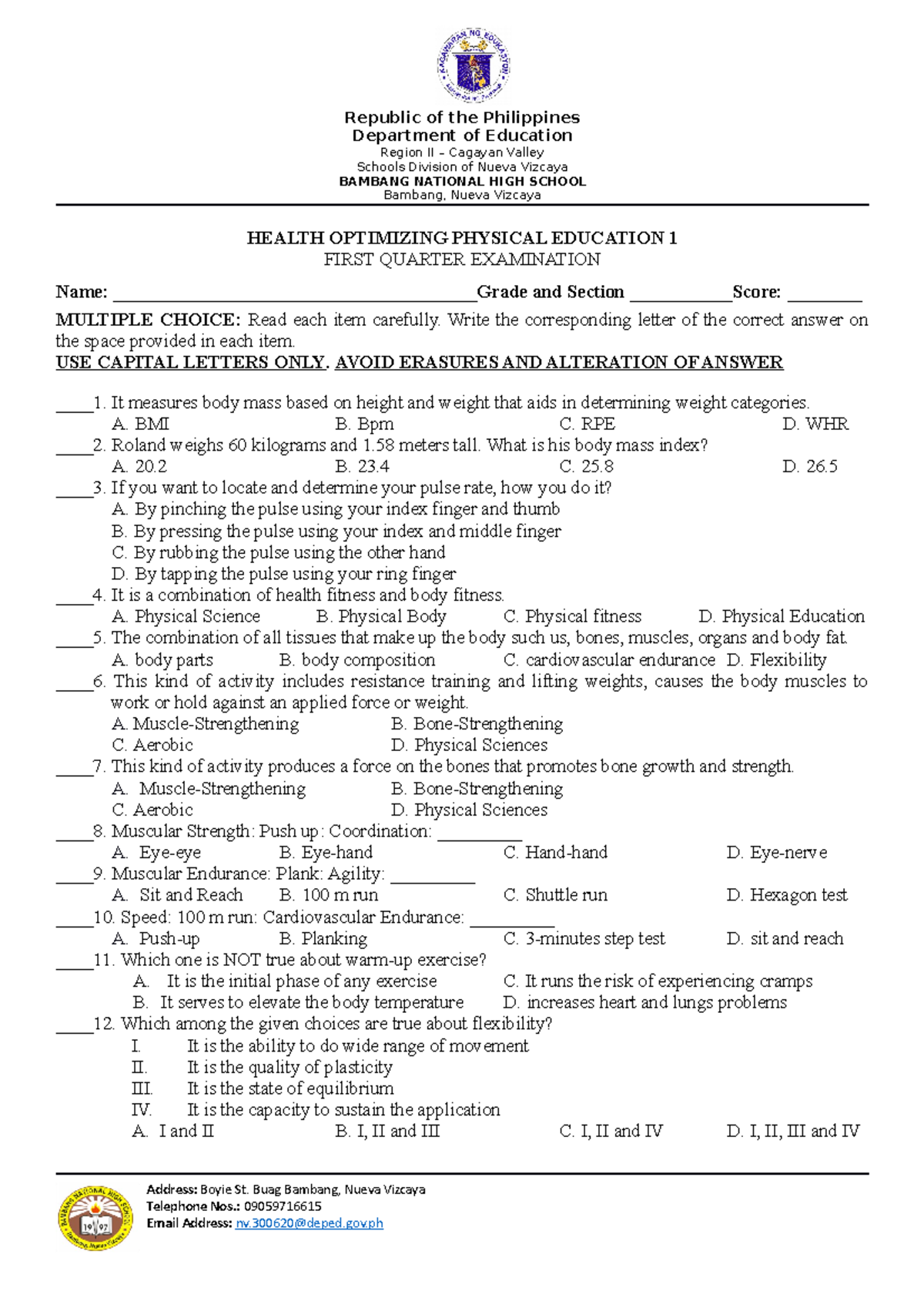 1st quarter PE 11 EXAM FIN retri - Department of Education Region II ...