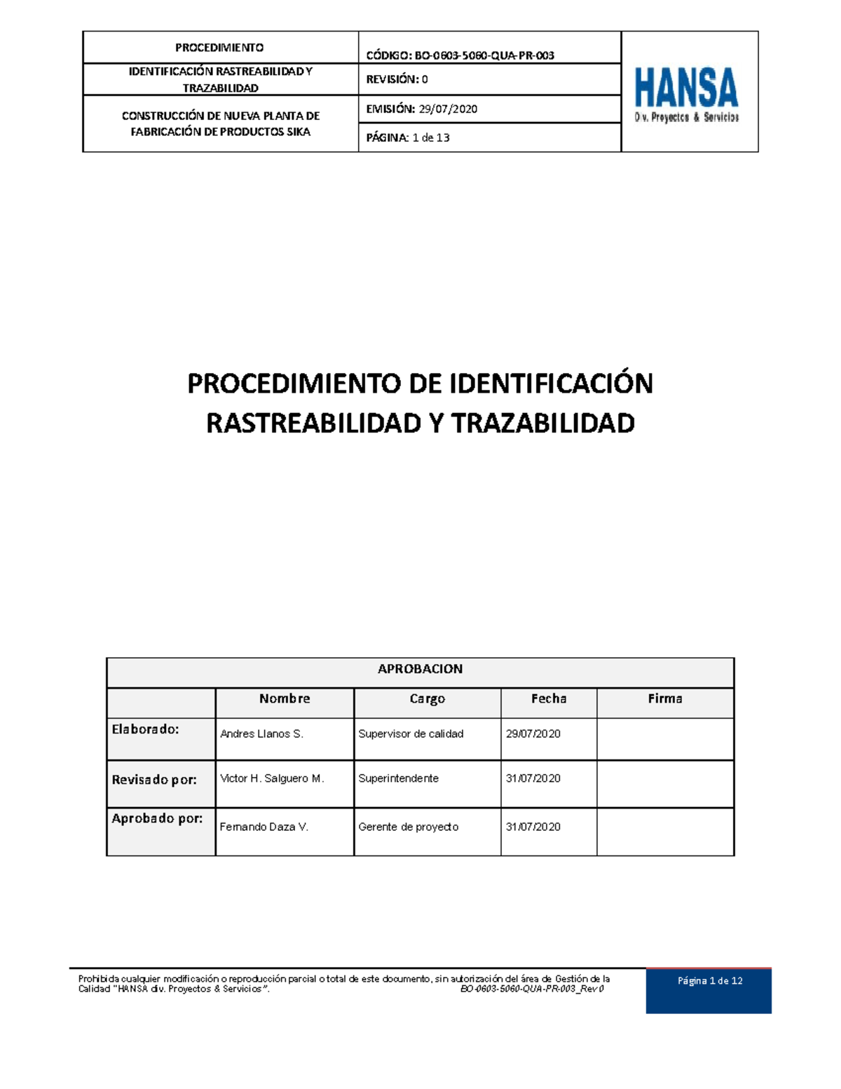 BO-0603-5060-QUA-PR-003 Rev 0 - IDENTIFICACIÓN RASTREABILIDAD Y ...