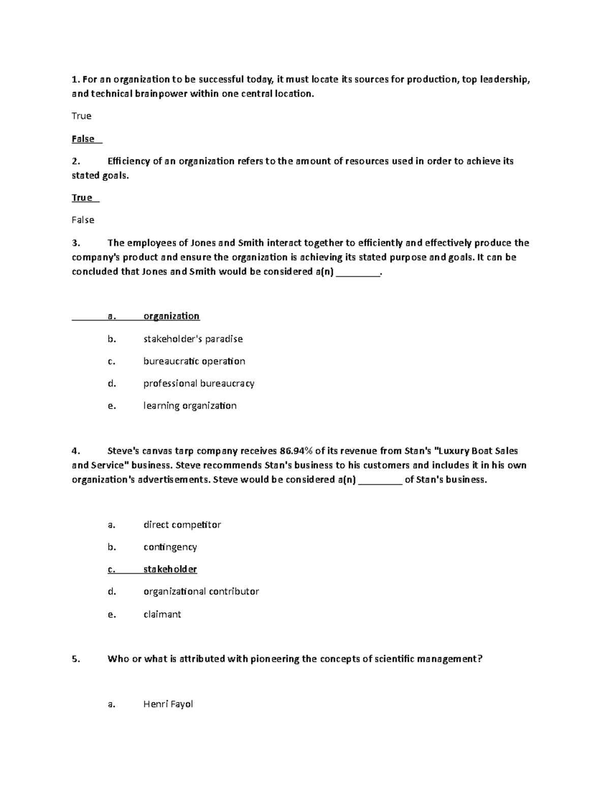 Multiple Choice Questions Quiz - For an organization to be successful ...