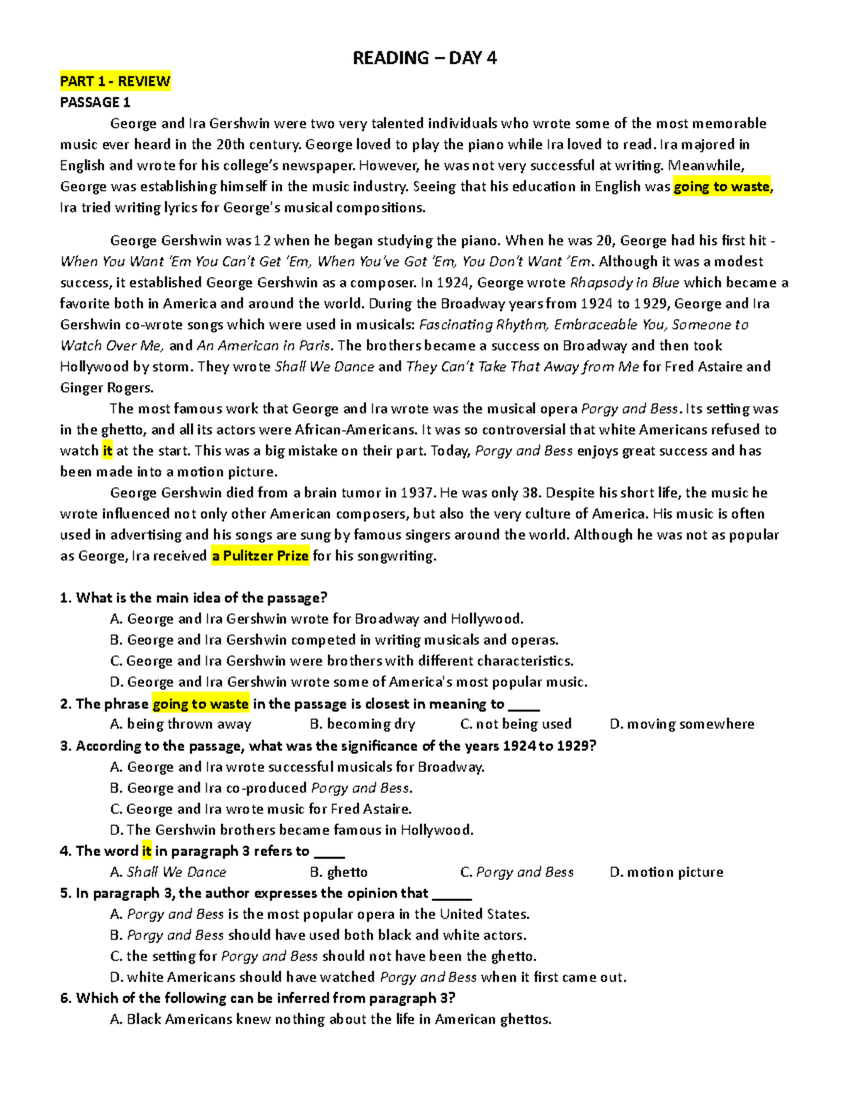 Reading DAY 4 - READING – DAY 4 PART 1 - REVIEW PASSAGE 1 George and ...