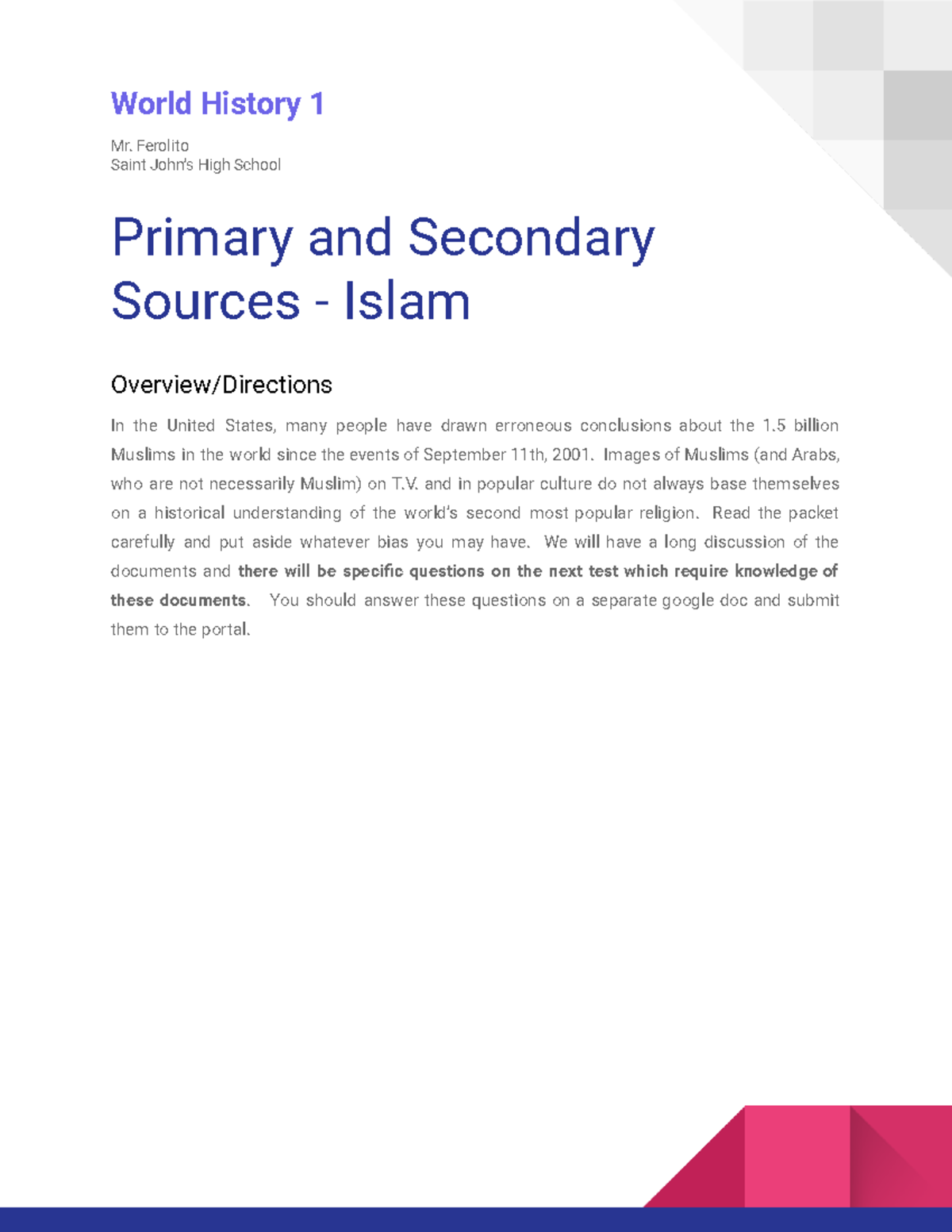 Copy of Copy of Islam Quran Primary Source - World History 1 Mr ...