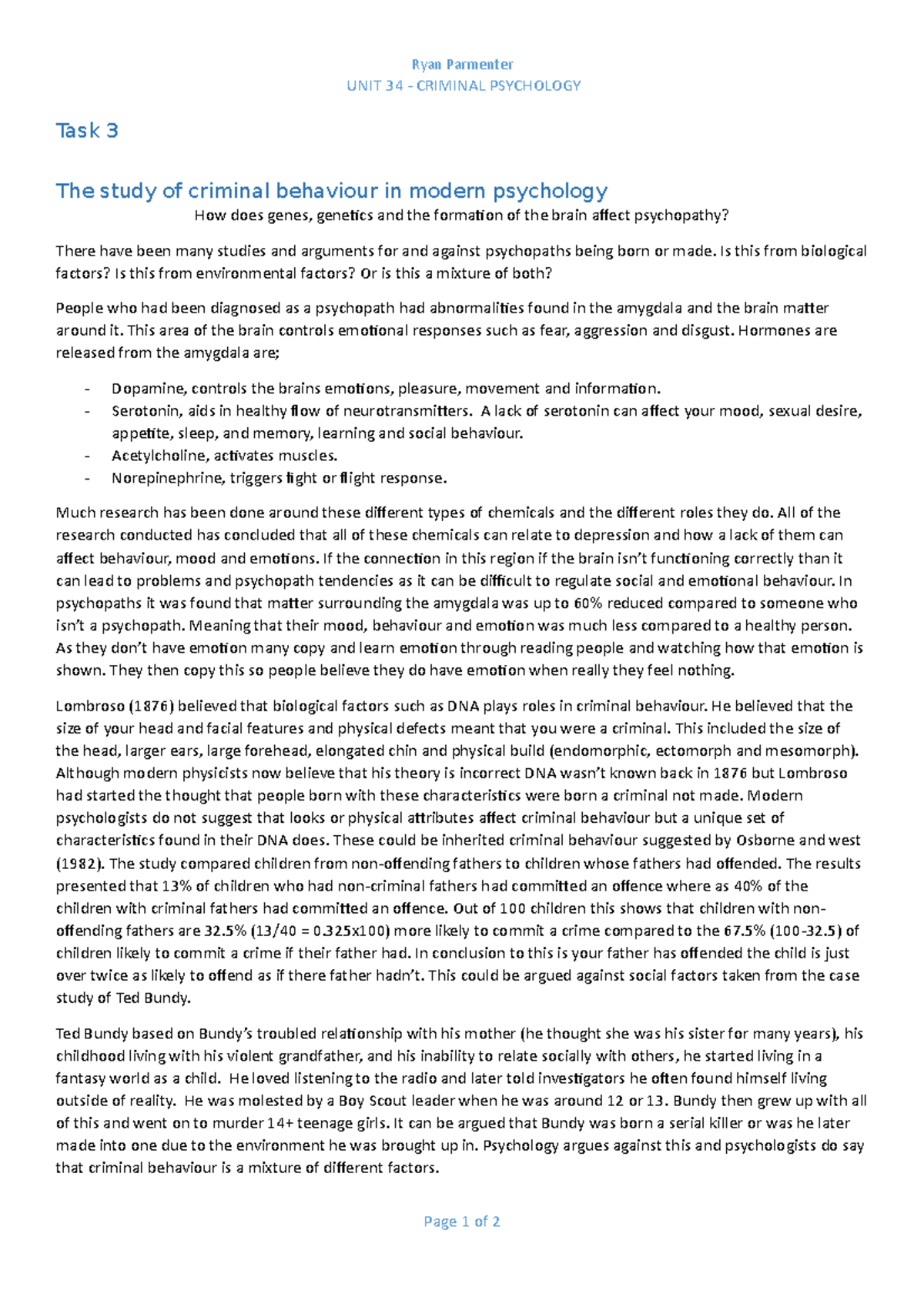 Task 3 - Grade: 75% Avg - Ryan Parmenter UNIT 34 - CRIMINAL PSYCHOLOGY ...
