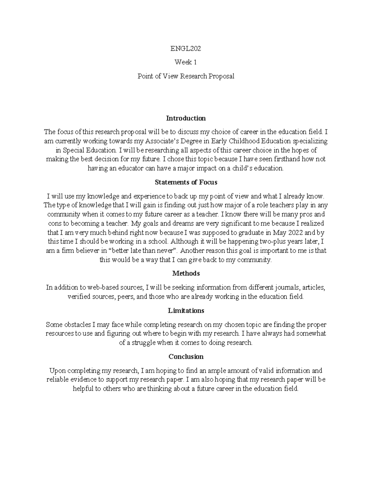 POV Research Proposal - N/A - ENGL Week 1 Point of View Research ...