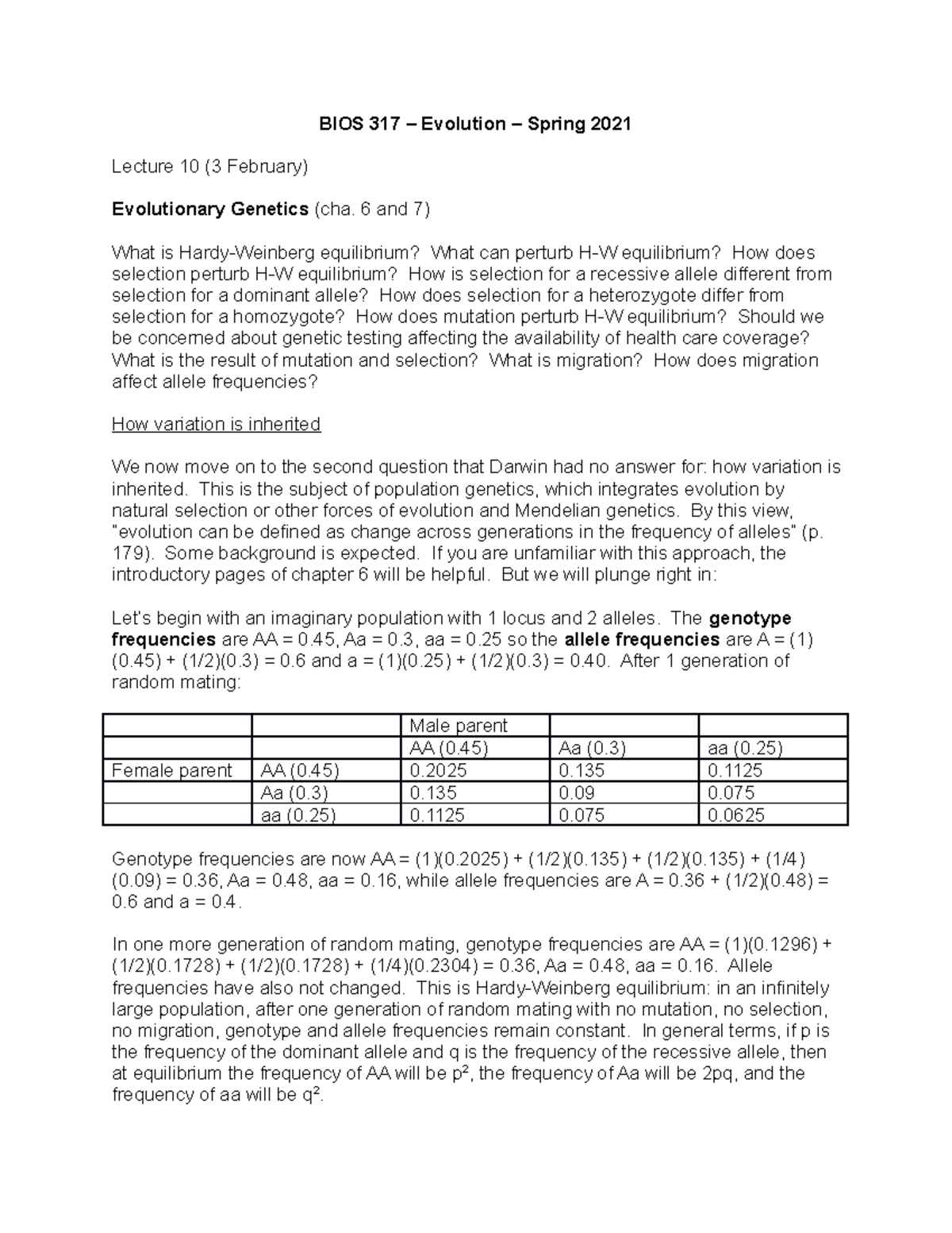 LECT10ev2021 - BIOS 317 – Evolution – Spring 2021 Lecture 10 (3 ...