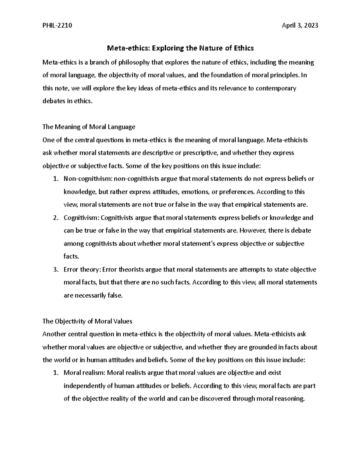PHIL-2210: Meta-ethics - PHIL-2210 April 3, 2023 Meta-ethics: Exploring ...