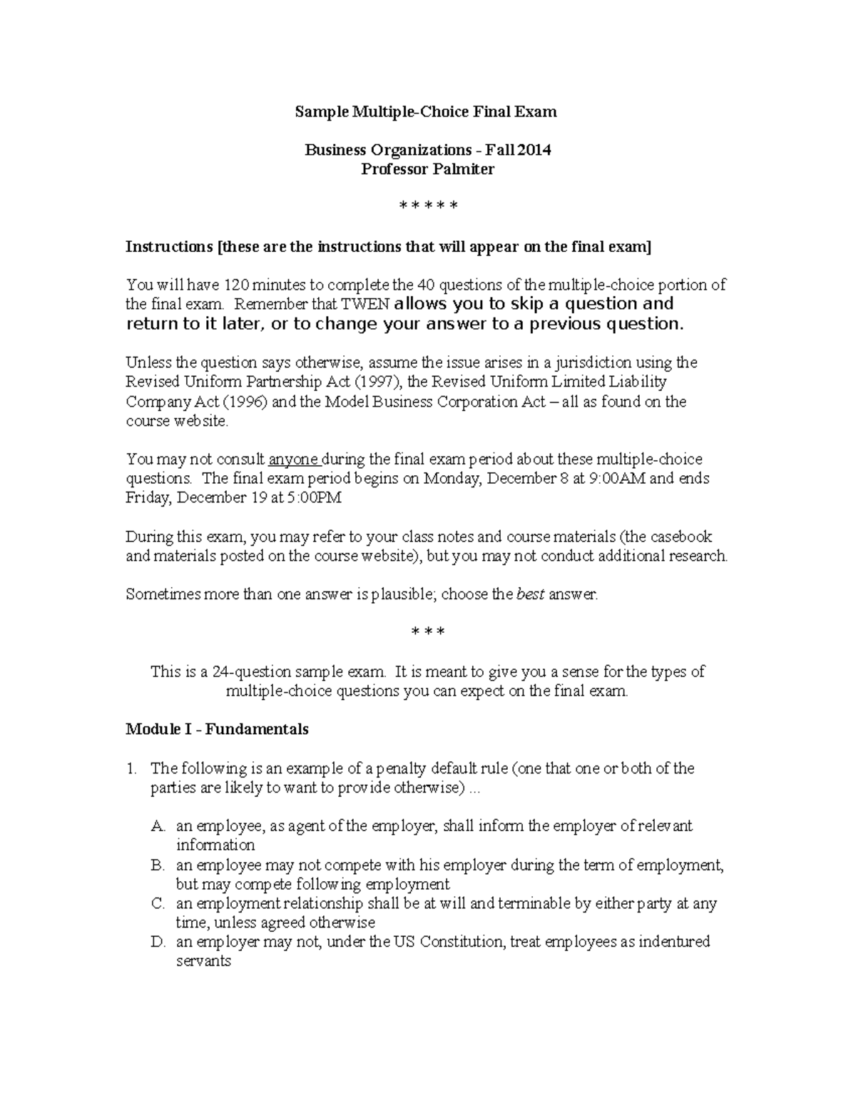 Sample Final Exam Sample Multiple Choice Final Exam Business 