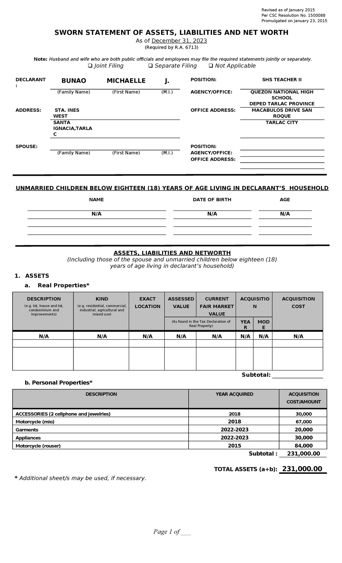 SALN of Michaelle J. Bunao - Revised as of January 2015 Per CSC Resolution No. 1500088 ...