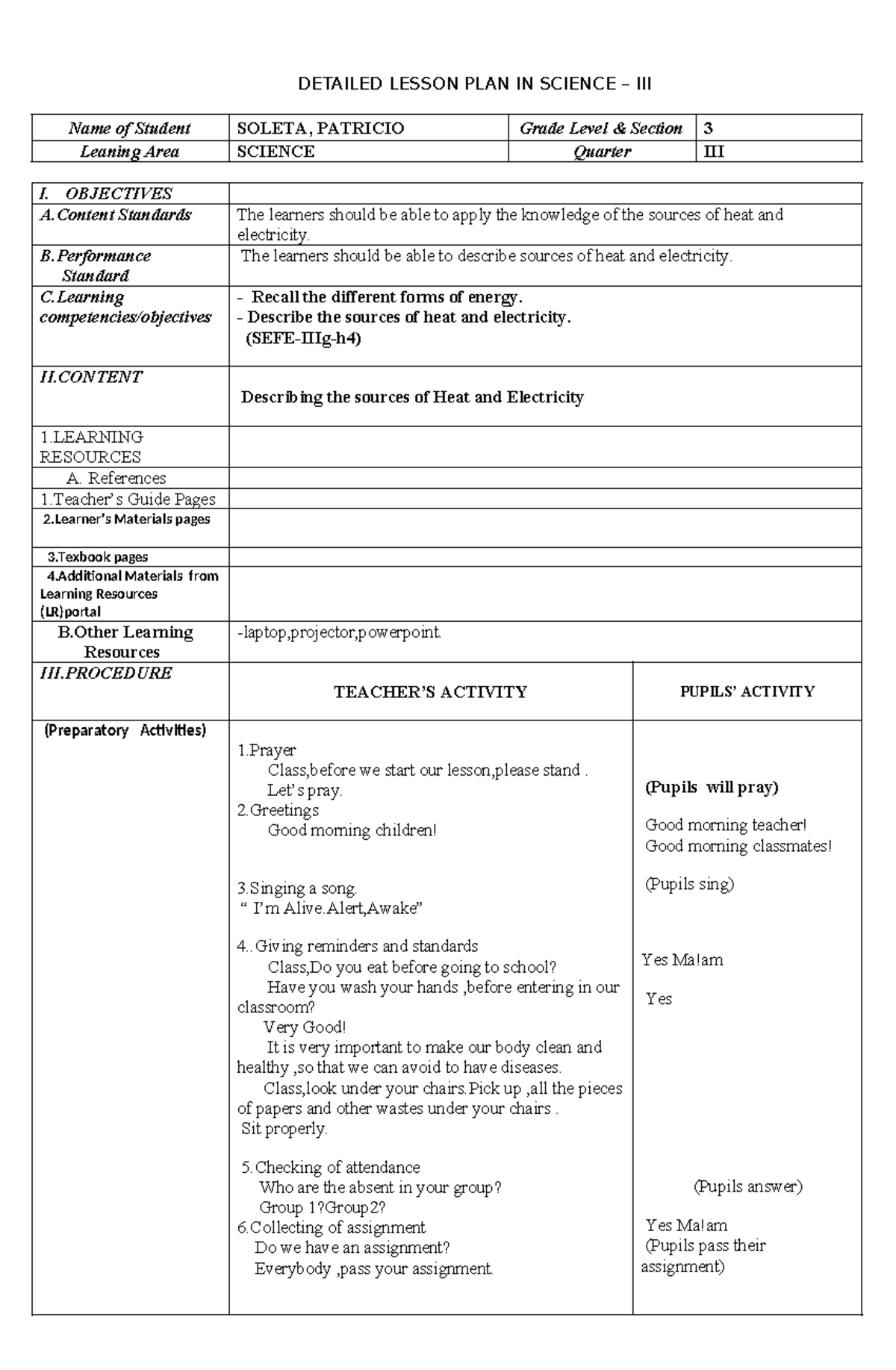 DLP Science describing the sources of heat and electricity - DETAILED ...