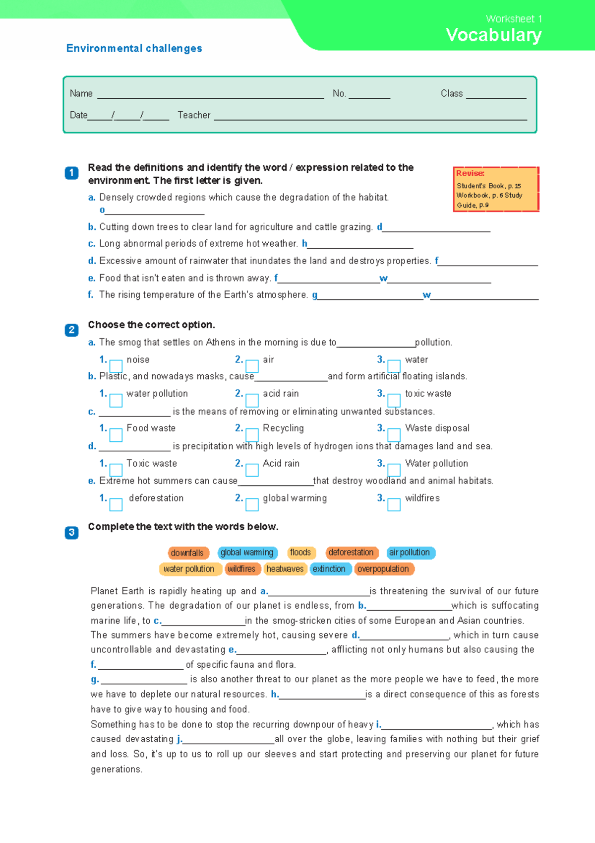 Environmental challenges - Vocabulary Worksheet - Worksheet 1 ...