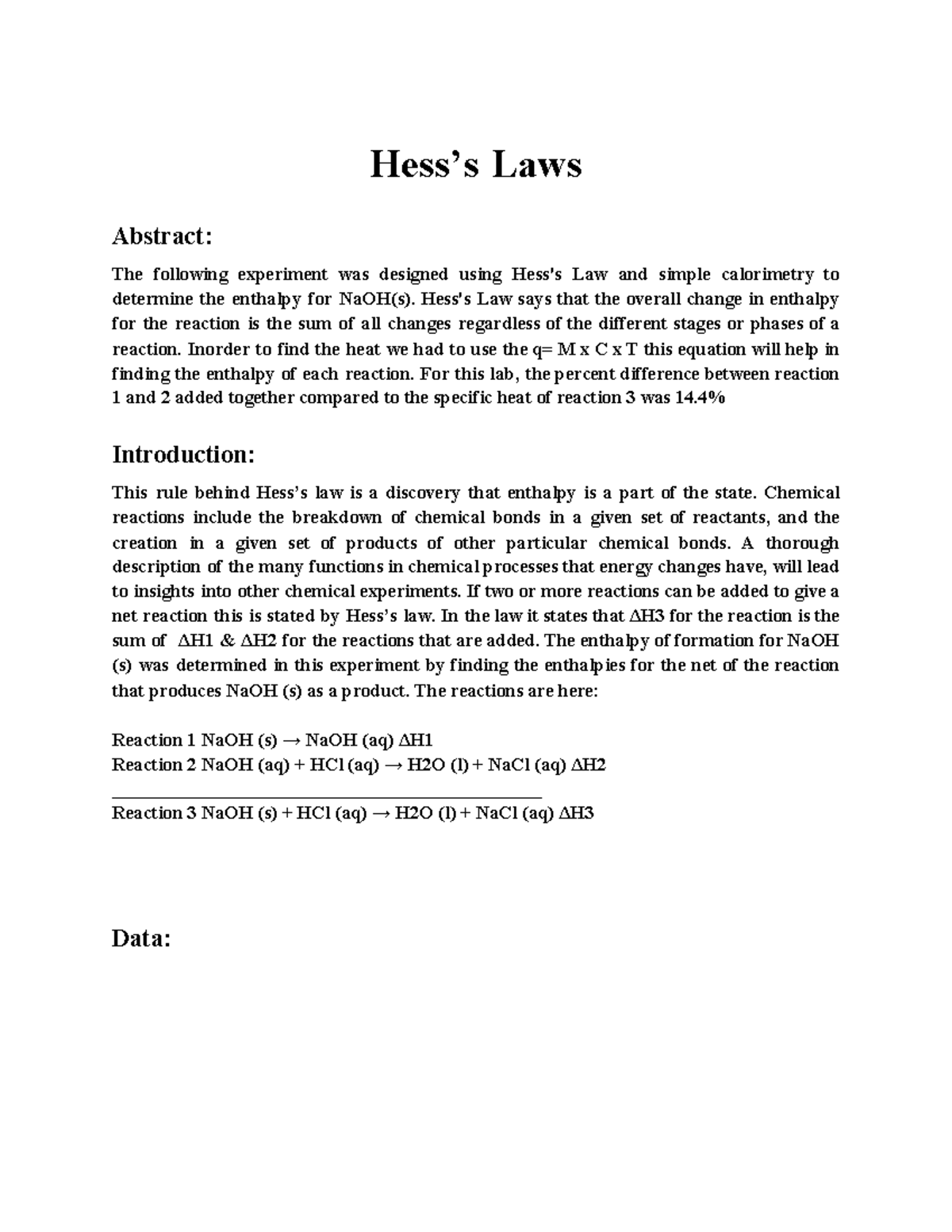 Hess's Law Lab - .... - Hess’s Laws Abstract: The following experiment ...