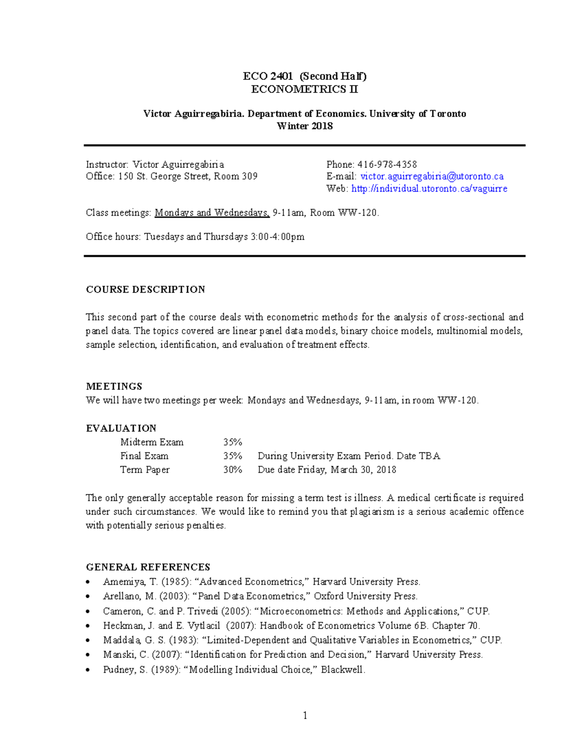 Eco2401 syllabus 2018 - Econometrics - 1 ECO 2401 (Second Half) ECONOMETRICS II Victor - Studocu