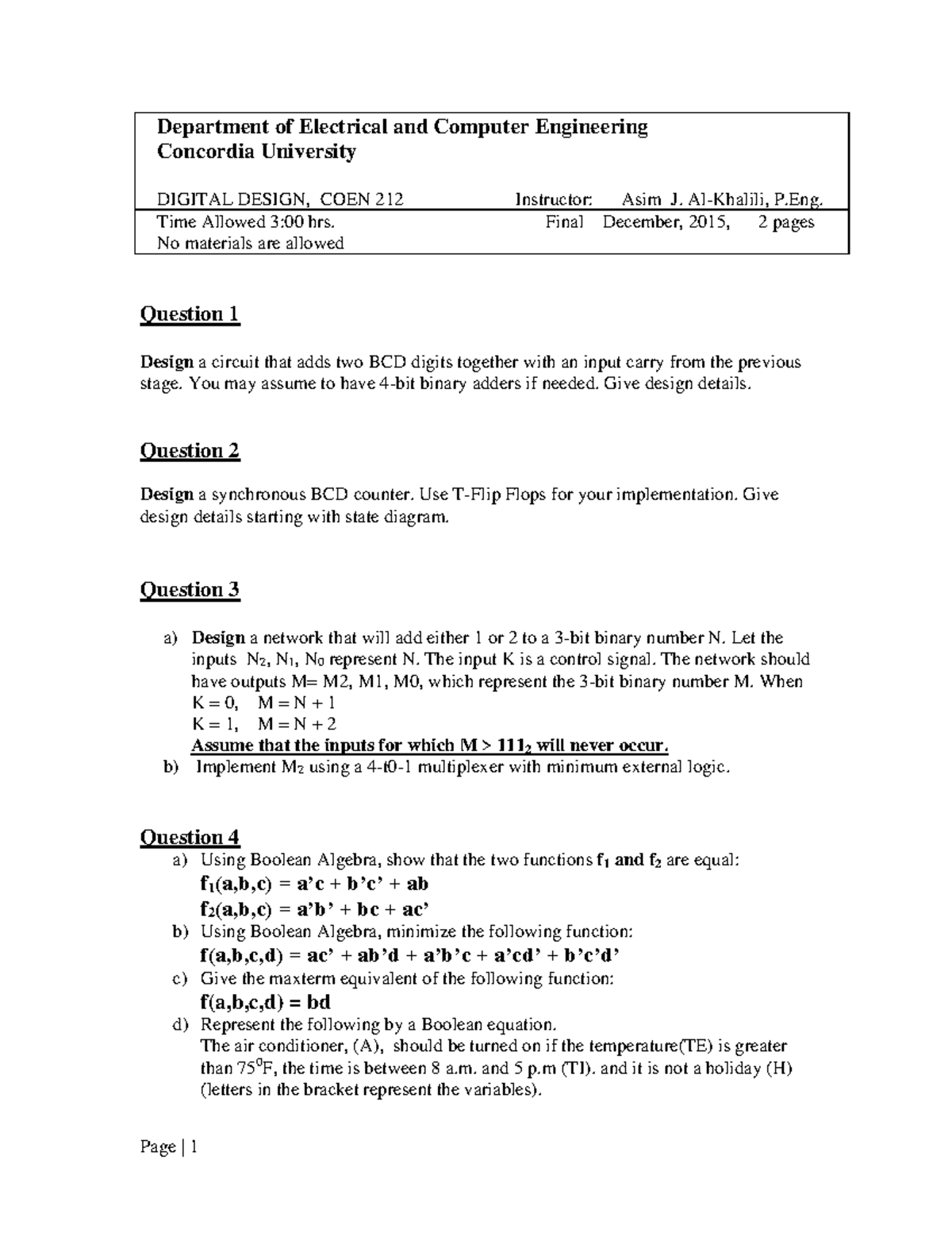 Final 2015 COEN 212 - Page | 1 Department of Electrical and Computer ...