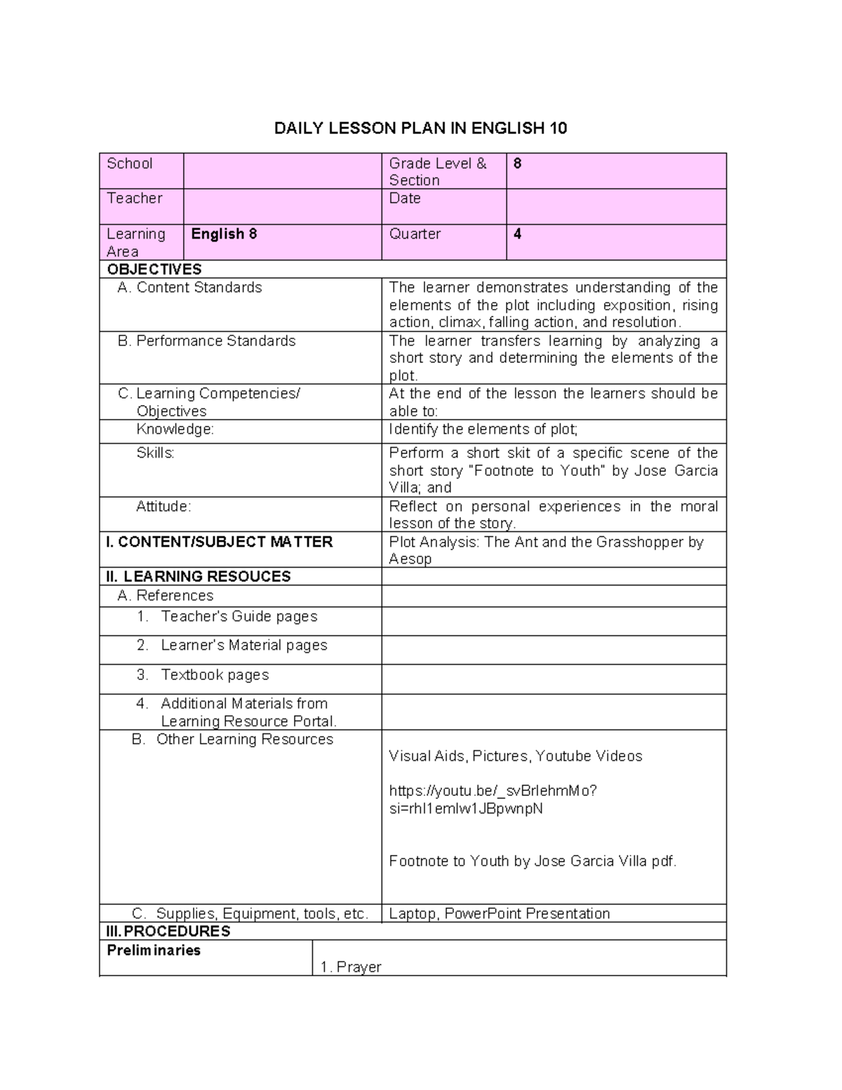 LP-Plot-Analysis - This is a lesson plan about plot analysis - DAILY ...