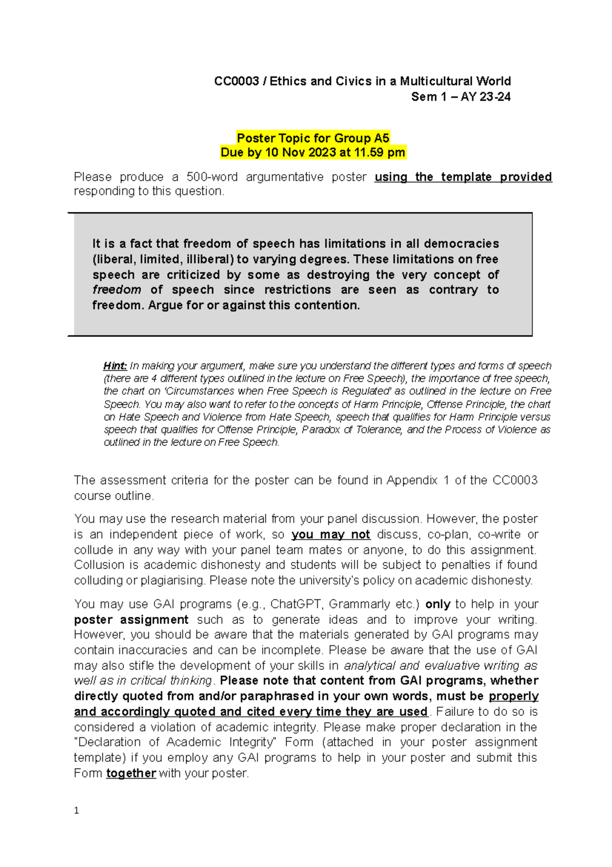 A5 Poster Free Speech - CC0003 / Ethics and Civics in a Multicultural ...