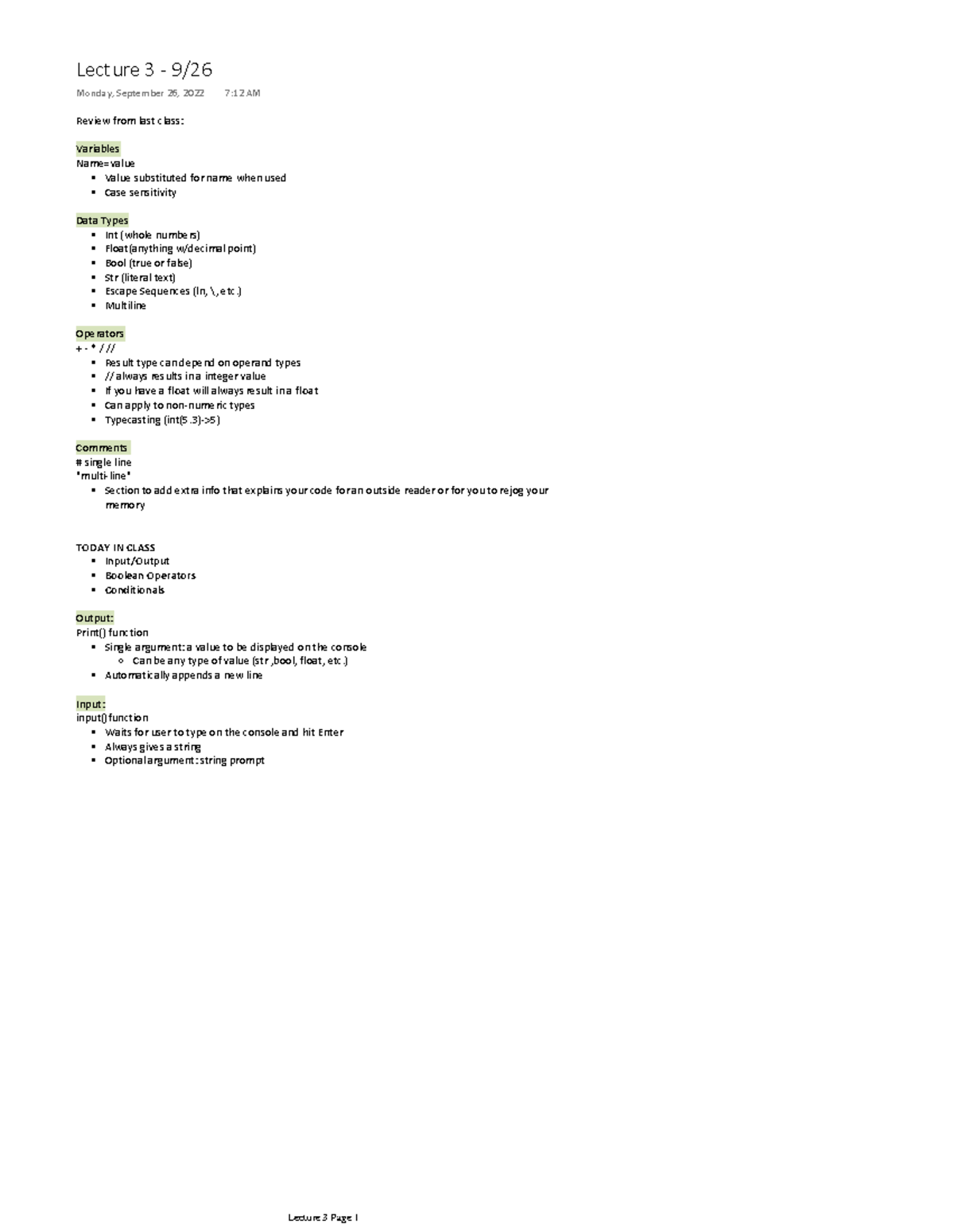 Lecture 3 Boolean Operators Review From Last Class Variables Namevalue • Value Substituted