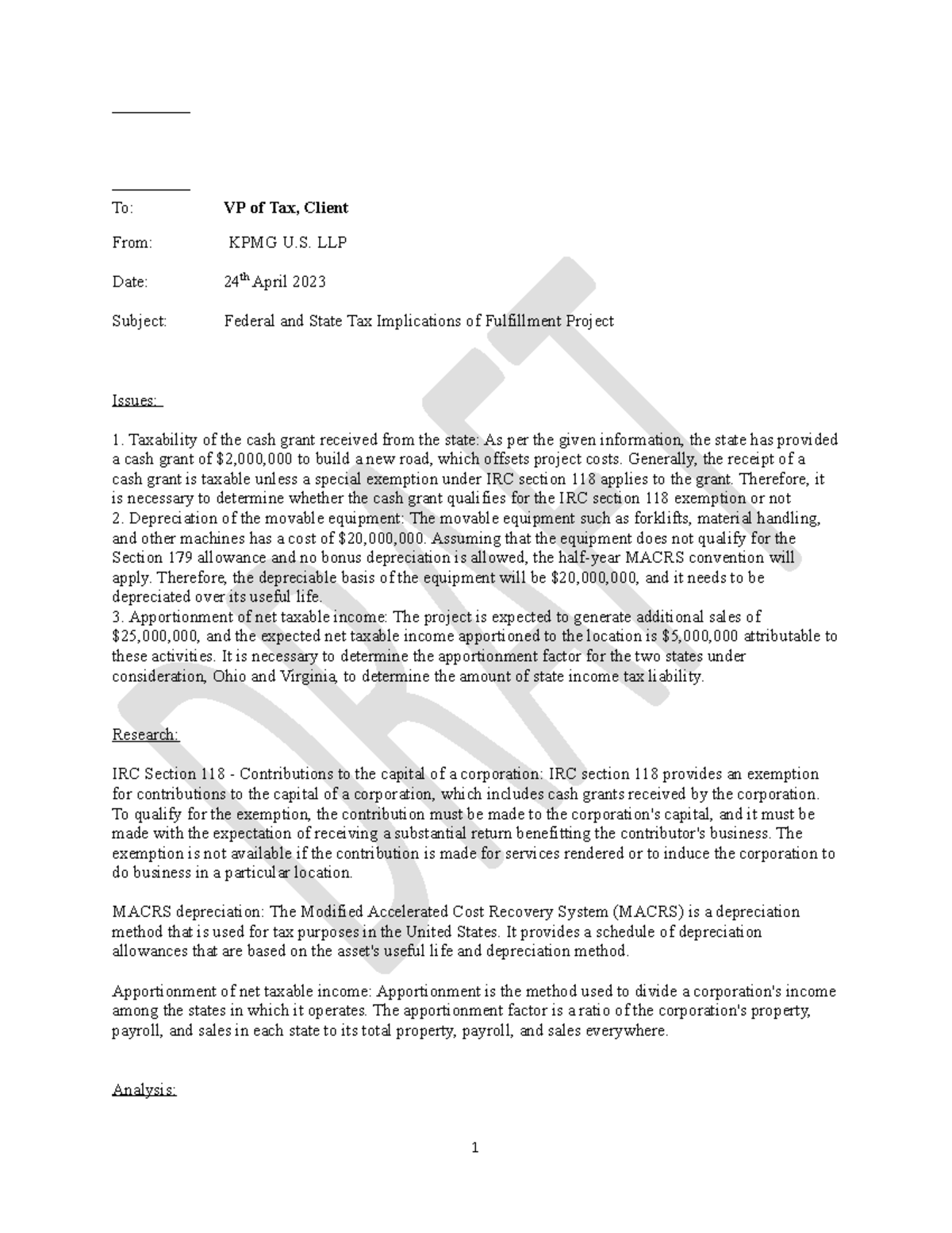 Kpmg task 1 template - this is very helpful - To: VP of Tax, Client ...