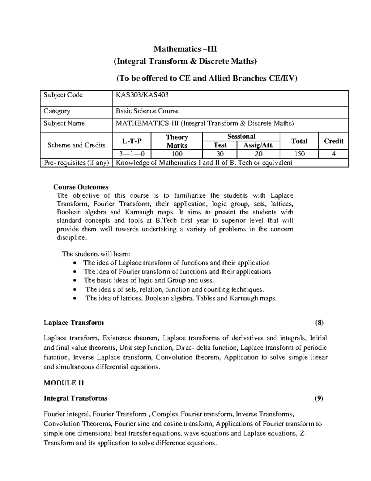 Maths Iii Transform And Disrete Mathematics Iii Integral Transform And Discrete Maths To Be