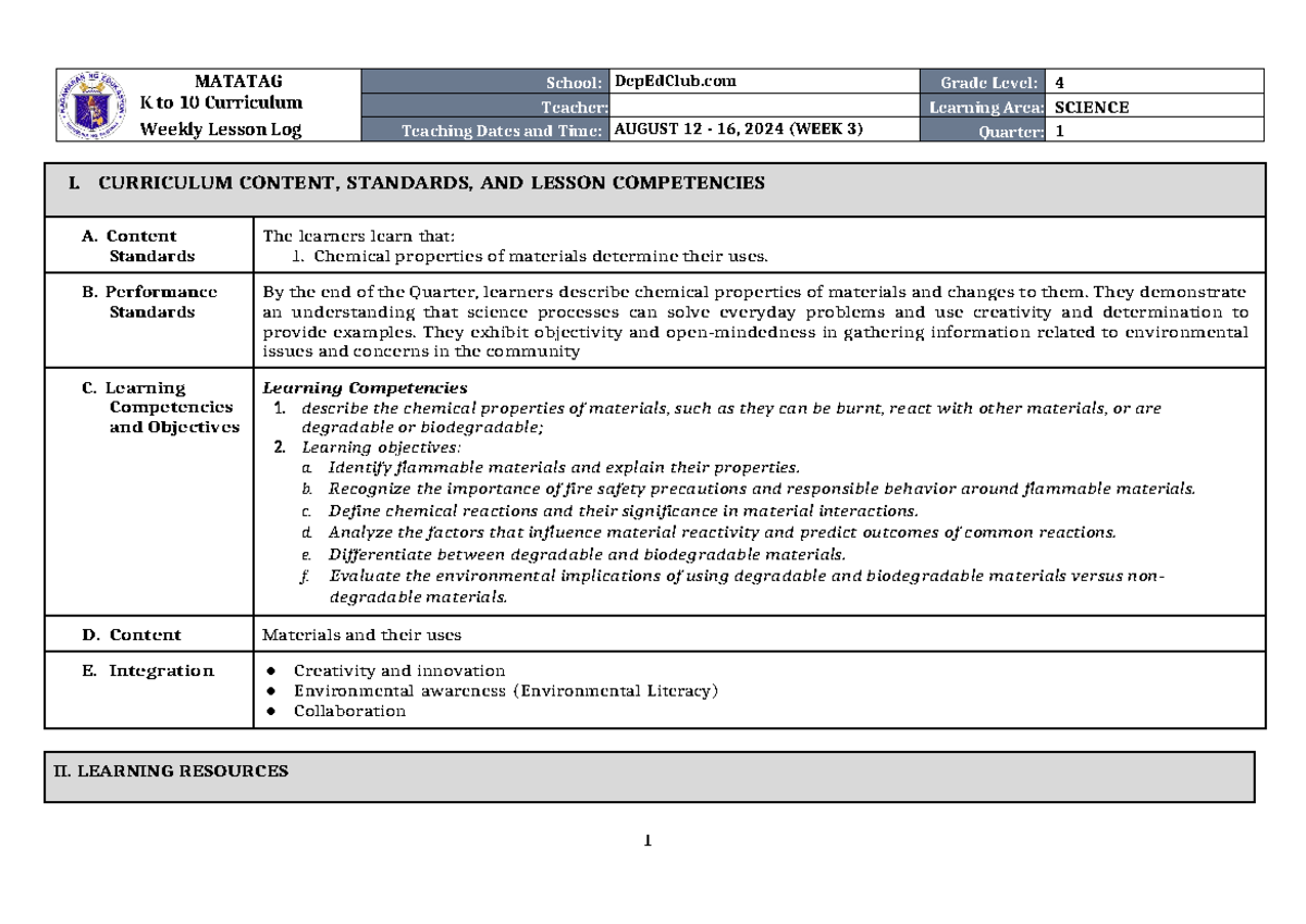 DLL Matatag Science 4 Q1 W3 Lesson 3 - MATATAG K to 10 Curriculum ...