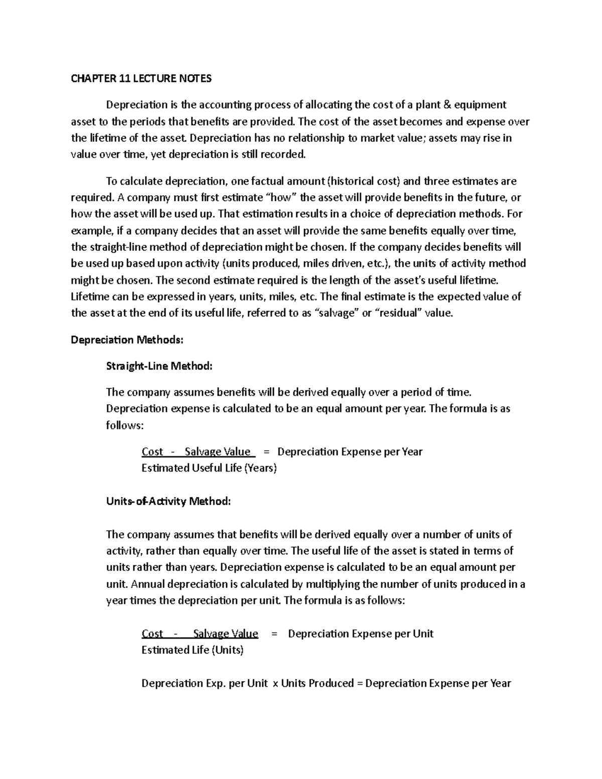 Chap 11 Lecture Notes - CHAPTER 11 LECTURE NOTES Depreciation is the ...