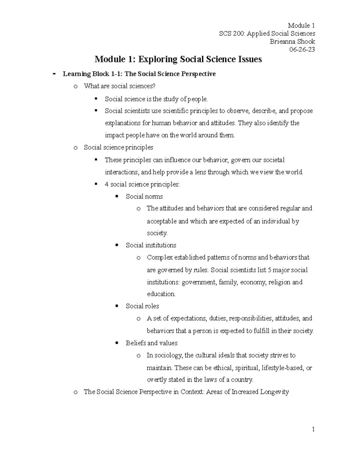 Module 1 Notes - N/A - SCS 200: Applied Social Sciences Brieanna Shook ...