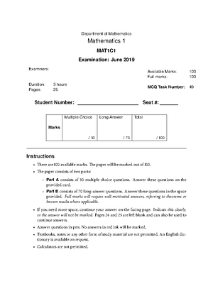 WTS 12 Maths P1 Class OF 2019 -1 - MAT001 - MUT - Studocu