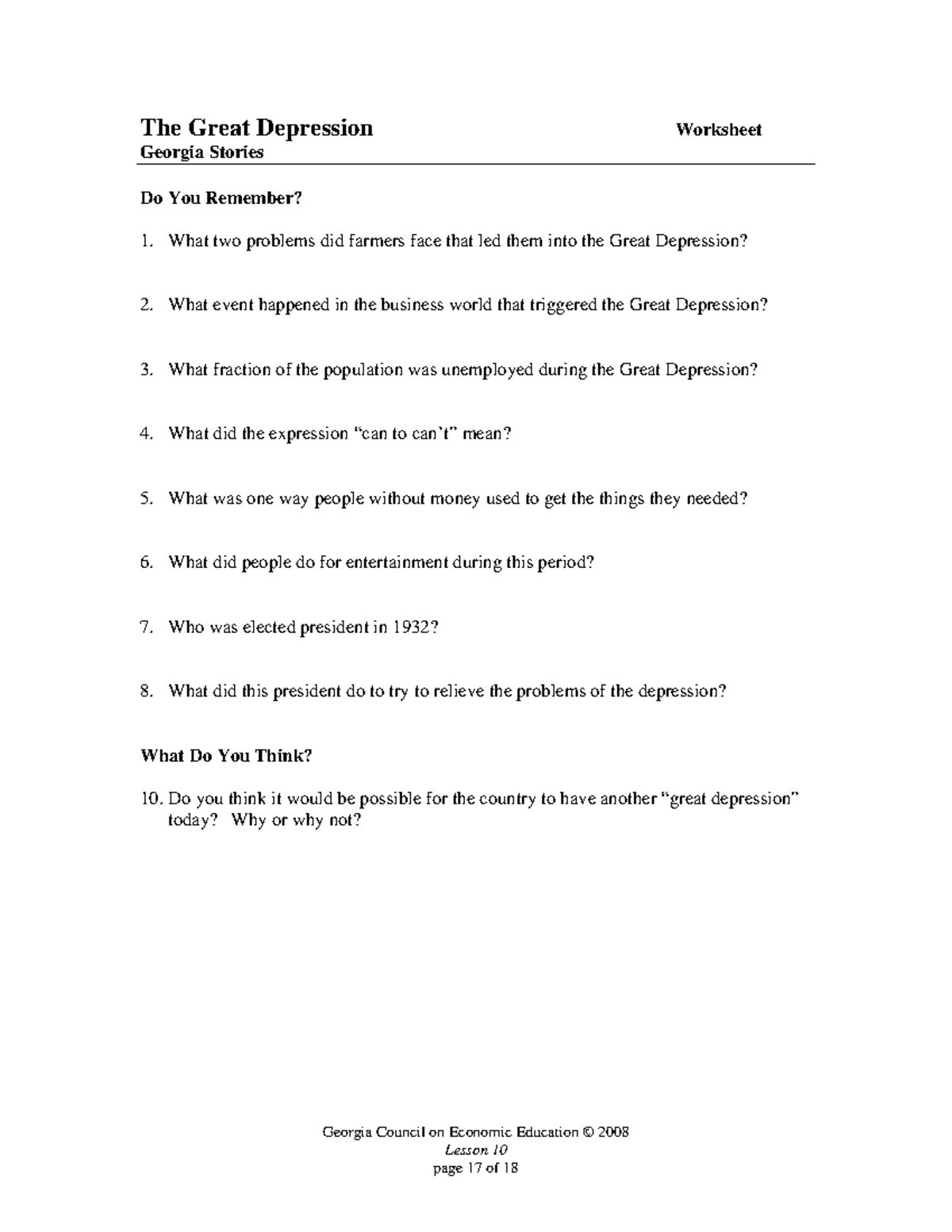 Great depression ga stories questions - Georgia Council on Economic ...