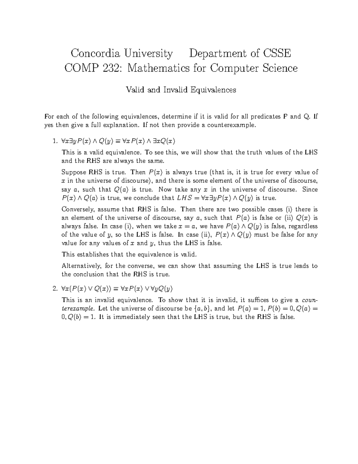 logical equivalences - Concordia University Department of CSSE COMP 232: Mathematics for ...