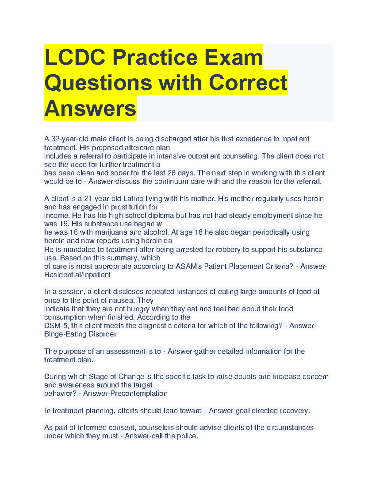 LCDC Practice Exam Questions with Correct Answers - LCDC Practice Exam Questions with Correct ...